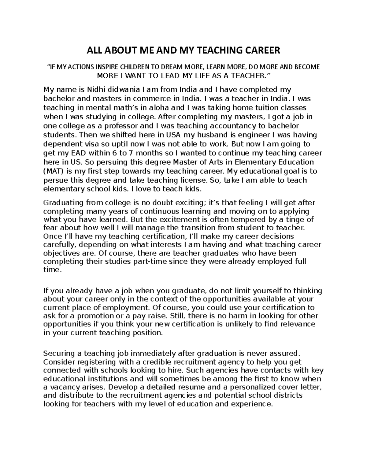 ALL About ME AND MY Teaching Career - ALL ABOUT ME AND MY TEACHING ...