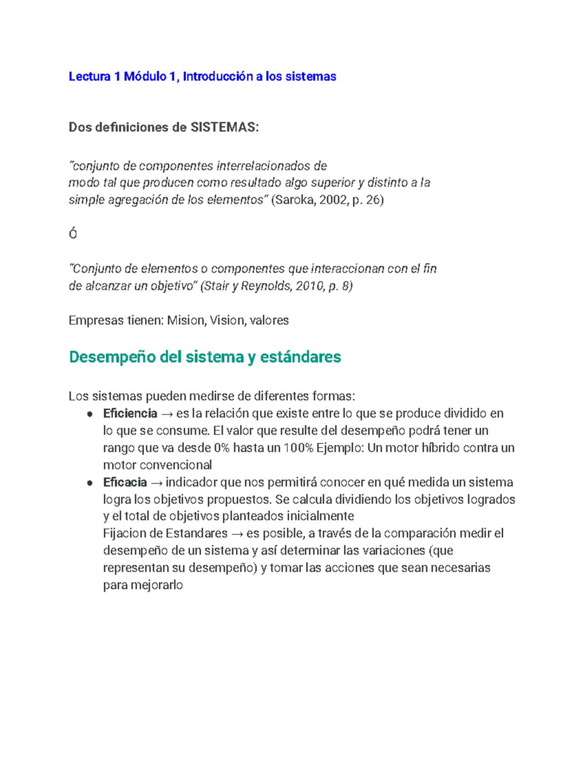 Resumen Modulo 1 y 2 - Lectura 1 Módulo 1, Introducción a los sistemas Dos definiciones de ...