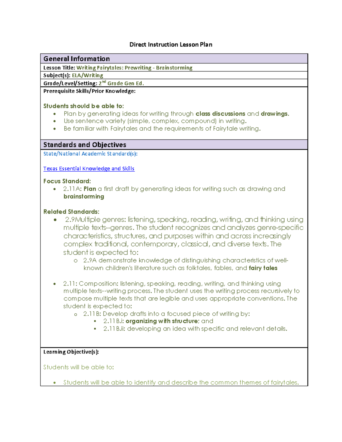 C380 Task 1 - Task 1 - Direct Instruction Lesson Plan General Information Lesson Title: Writing ...