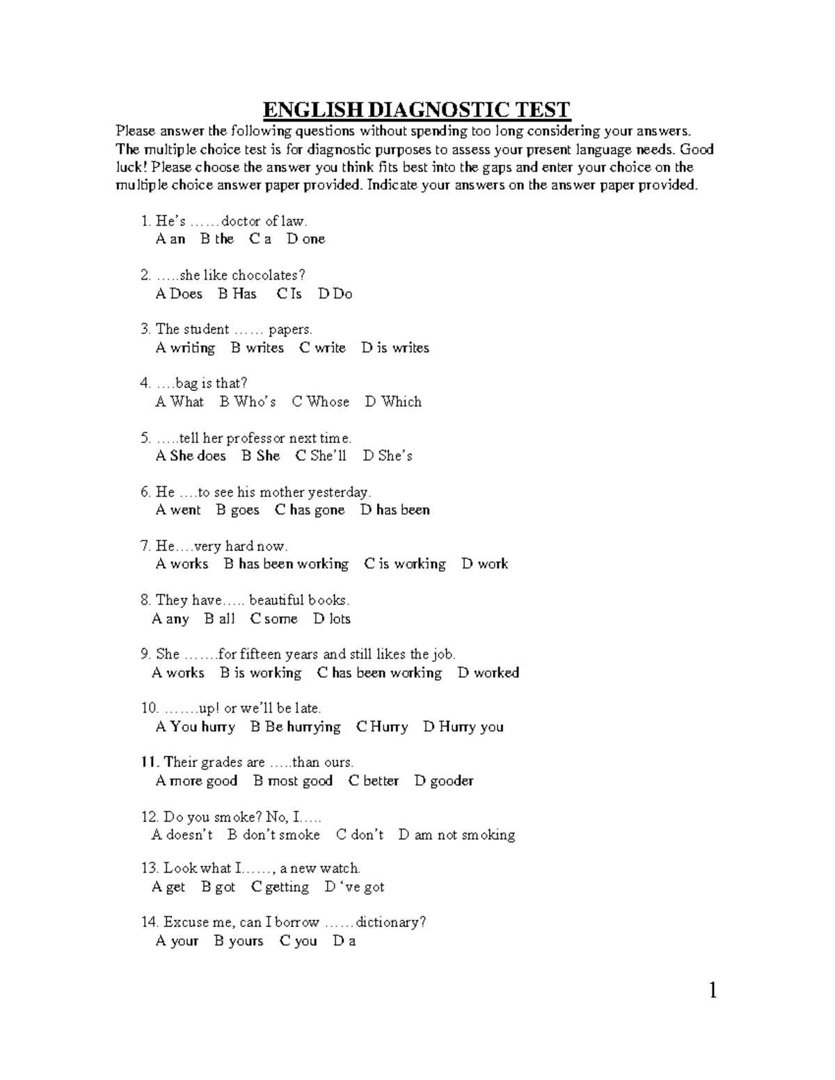 English Diagnostic TEST examen nivelatorio-1-7 FOR Students - ENGLISH ...