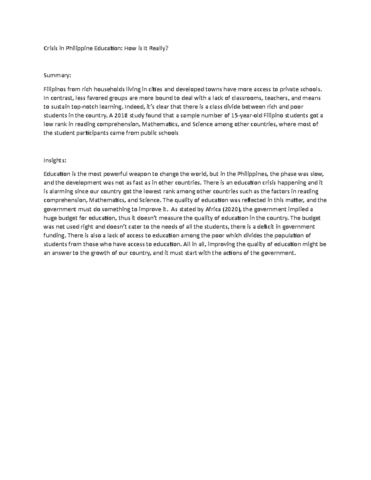 The Current Education Issues in the Philippines - Fil Con - Crisis in ...