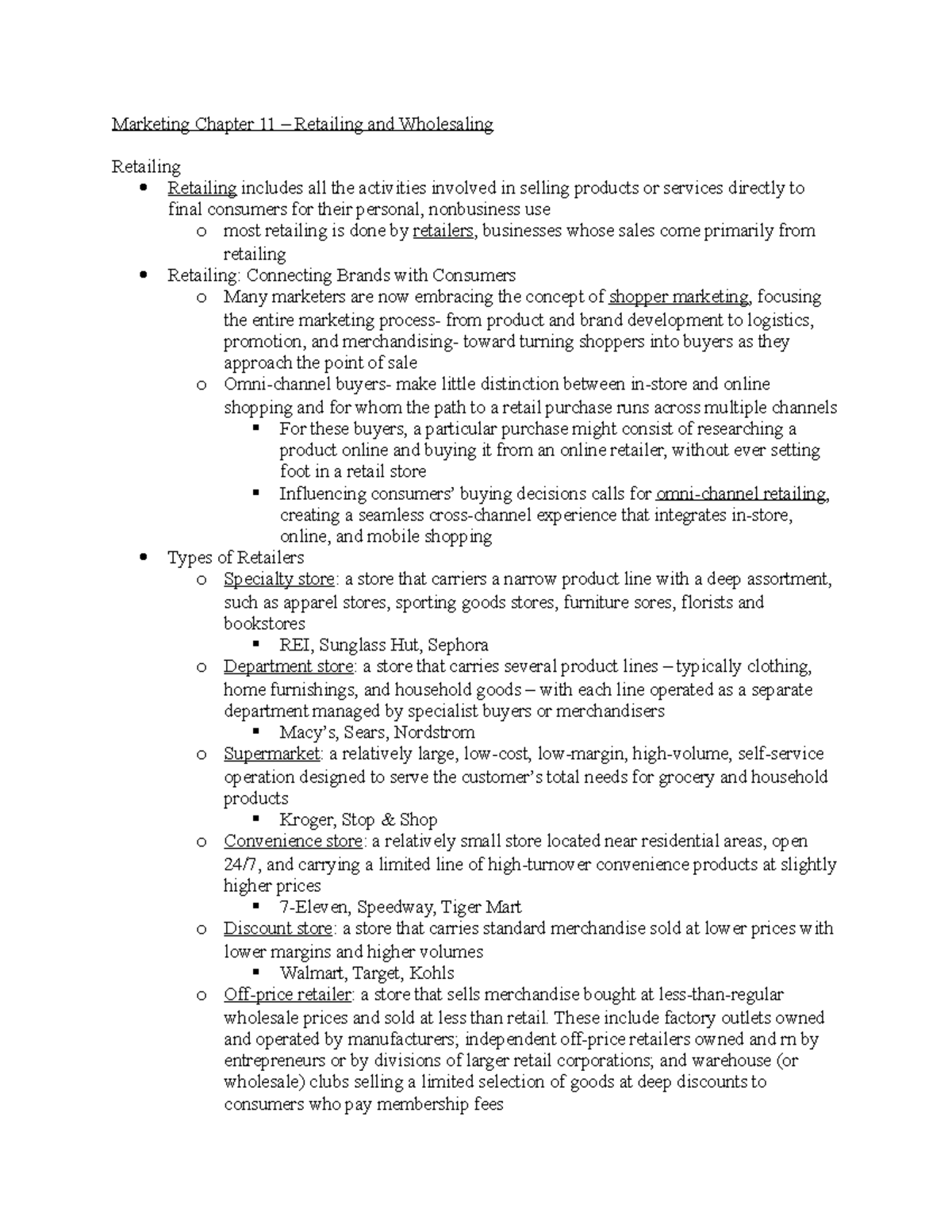 MAR chpt 11 - Lecture notes 11 - Marketing Chapter 11 – Retailing and ...