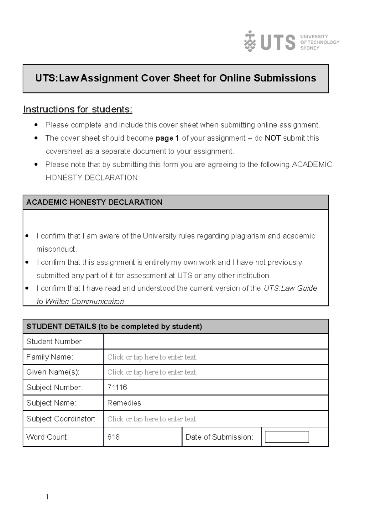 Remedies Major Assessment PART B - UTS:Law Assignment Cover Sheet for ...