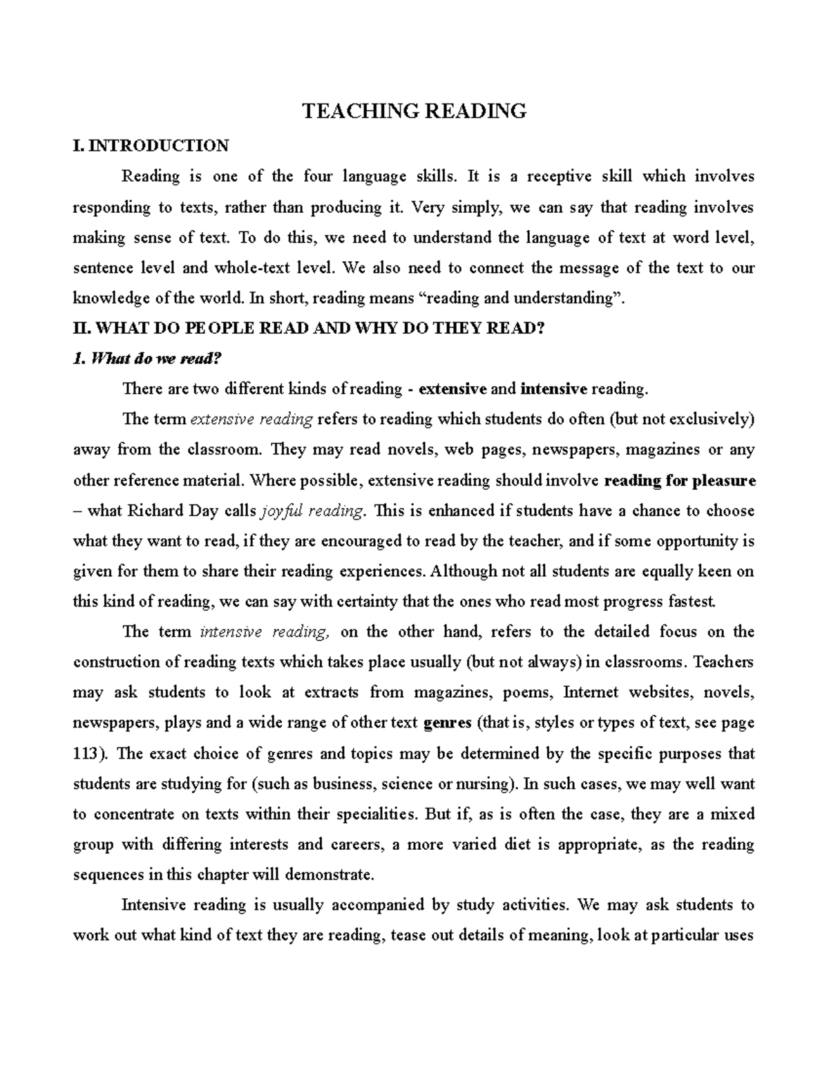 Teaching Reading - TEACHING READING I. INTRODUCTION Reading is one of ...