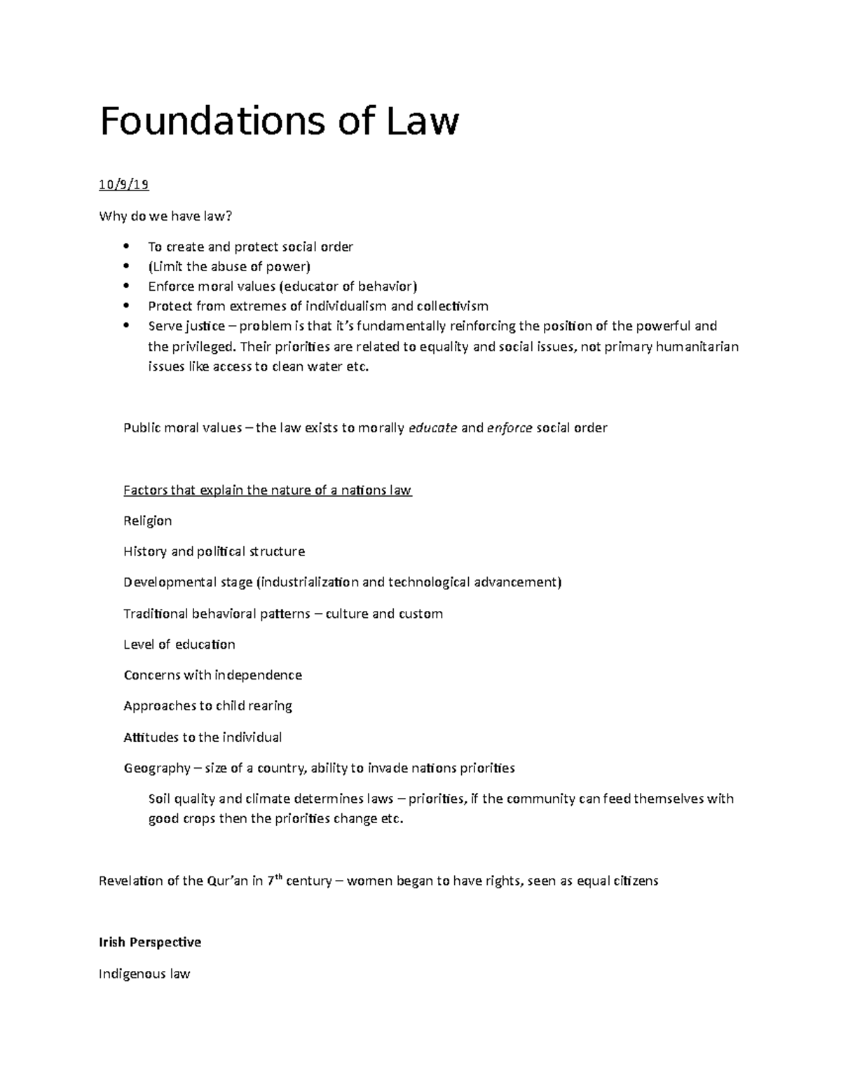 Foundations of Law - Prof Neville Cox - Foundations of Law 10/9/ Why do ...