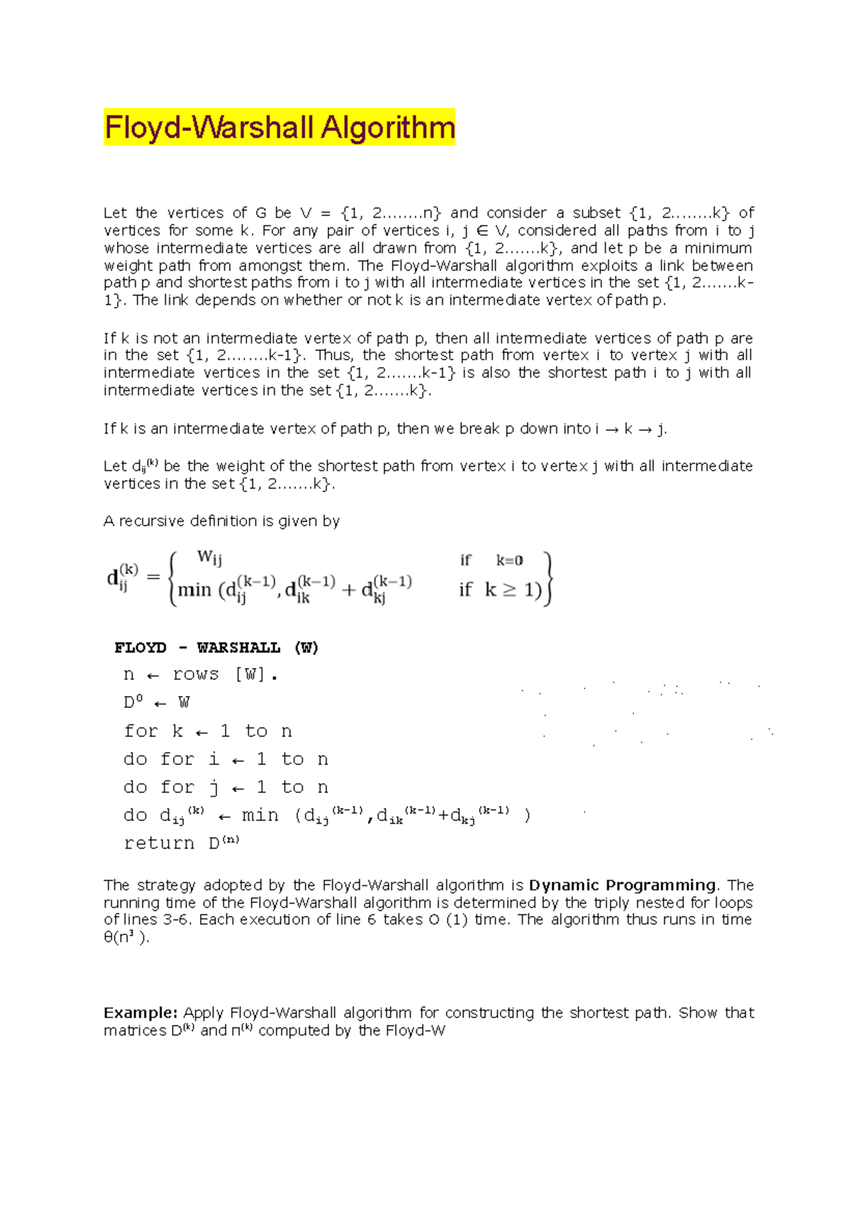 7.5- Floyd Warshall Algorithm - Floyd-Warshall Algorithm Let the ...