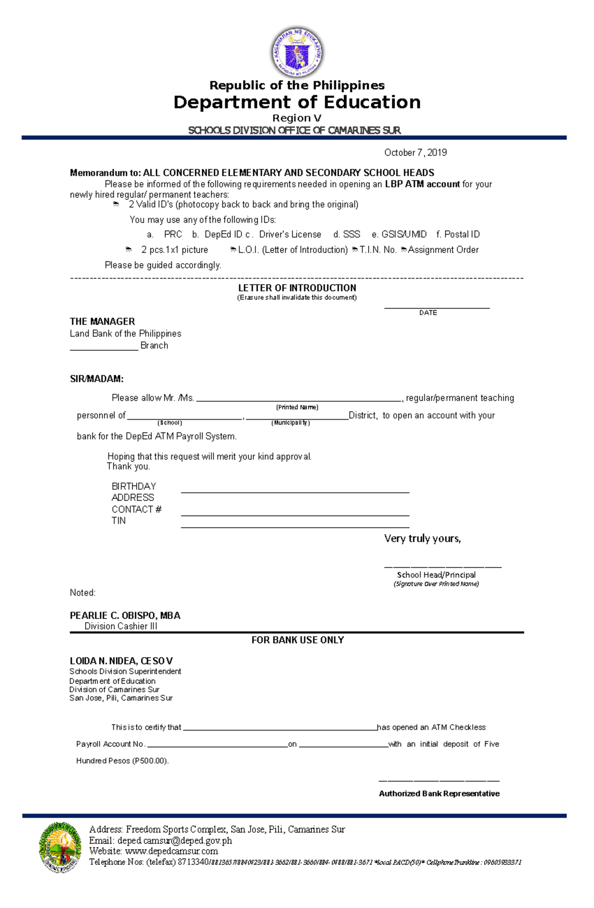 Letter of introduction for teaching personnel - Republic of the ...