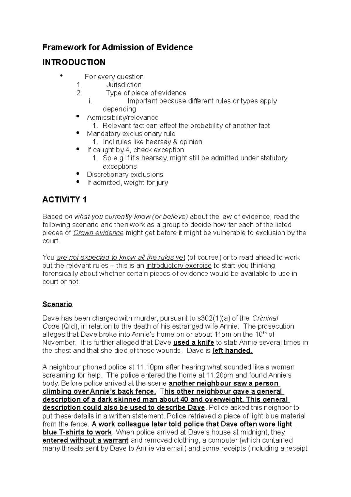 Evidence - Tutorials -All weeks - Framework for Admission of Evidence ...