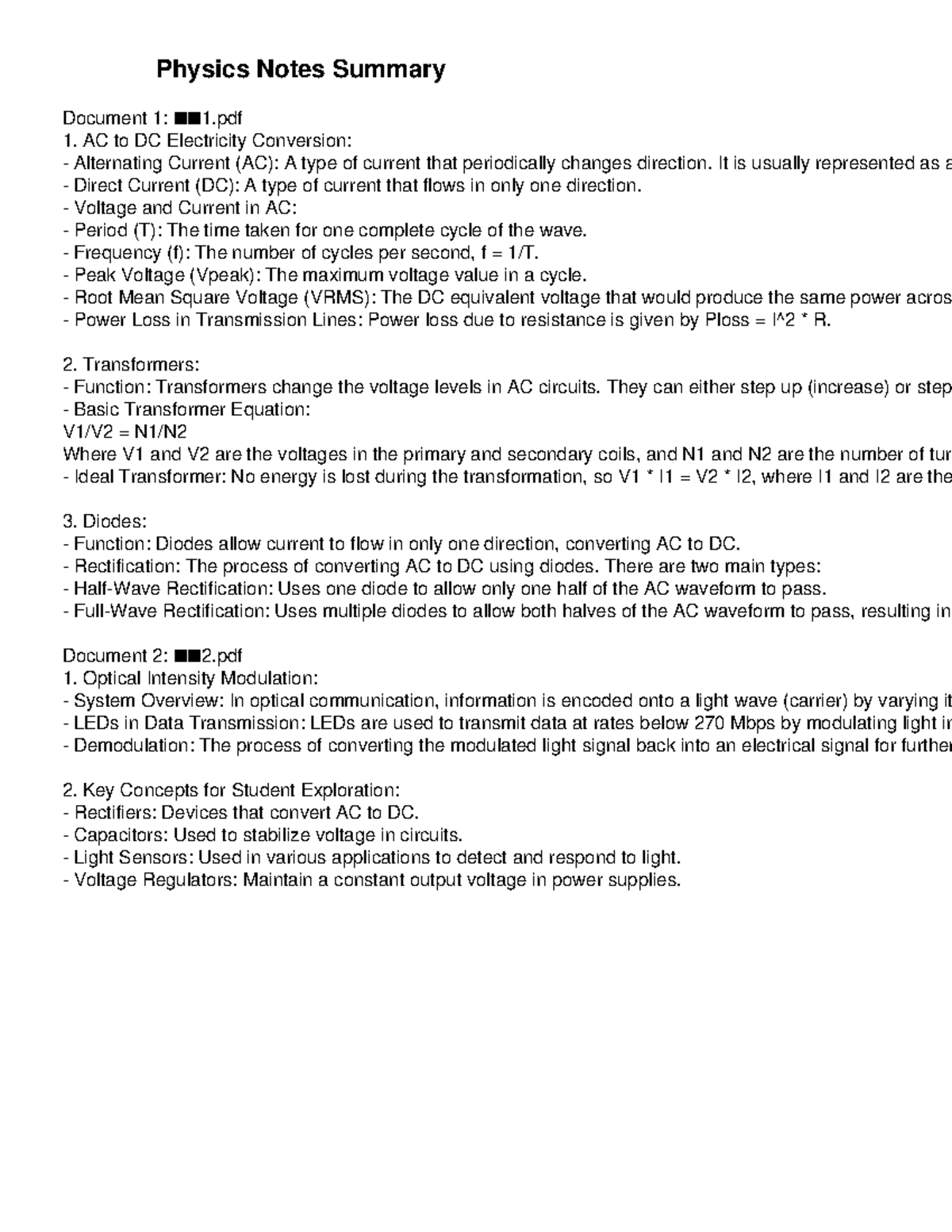 Physics Notes Summary - aaa - Physics Notes Summary Document 1: nn1 AC ...
