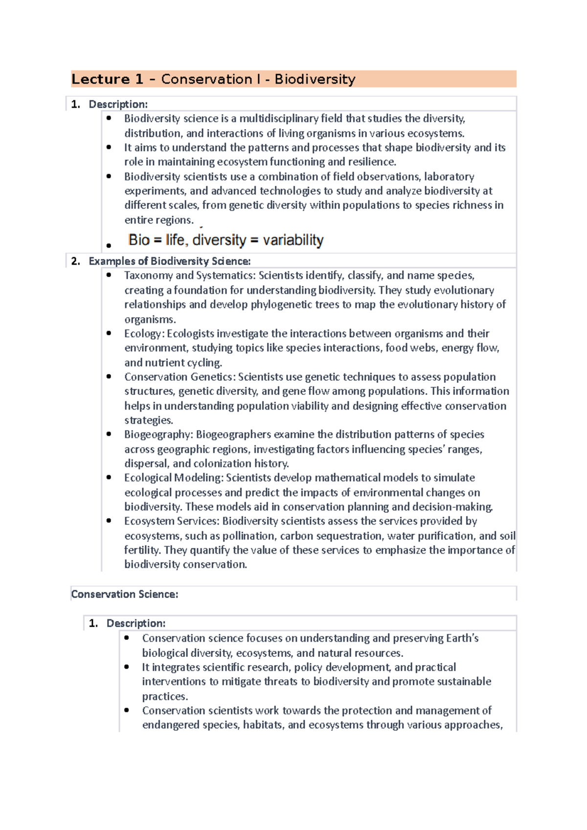 Animals and US 3 and 4 notes - Lecture 1 – Conservation I ...