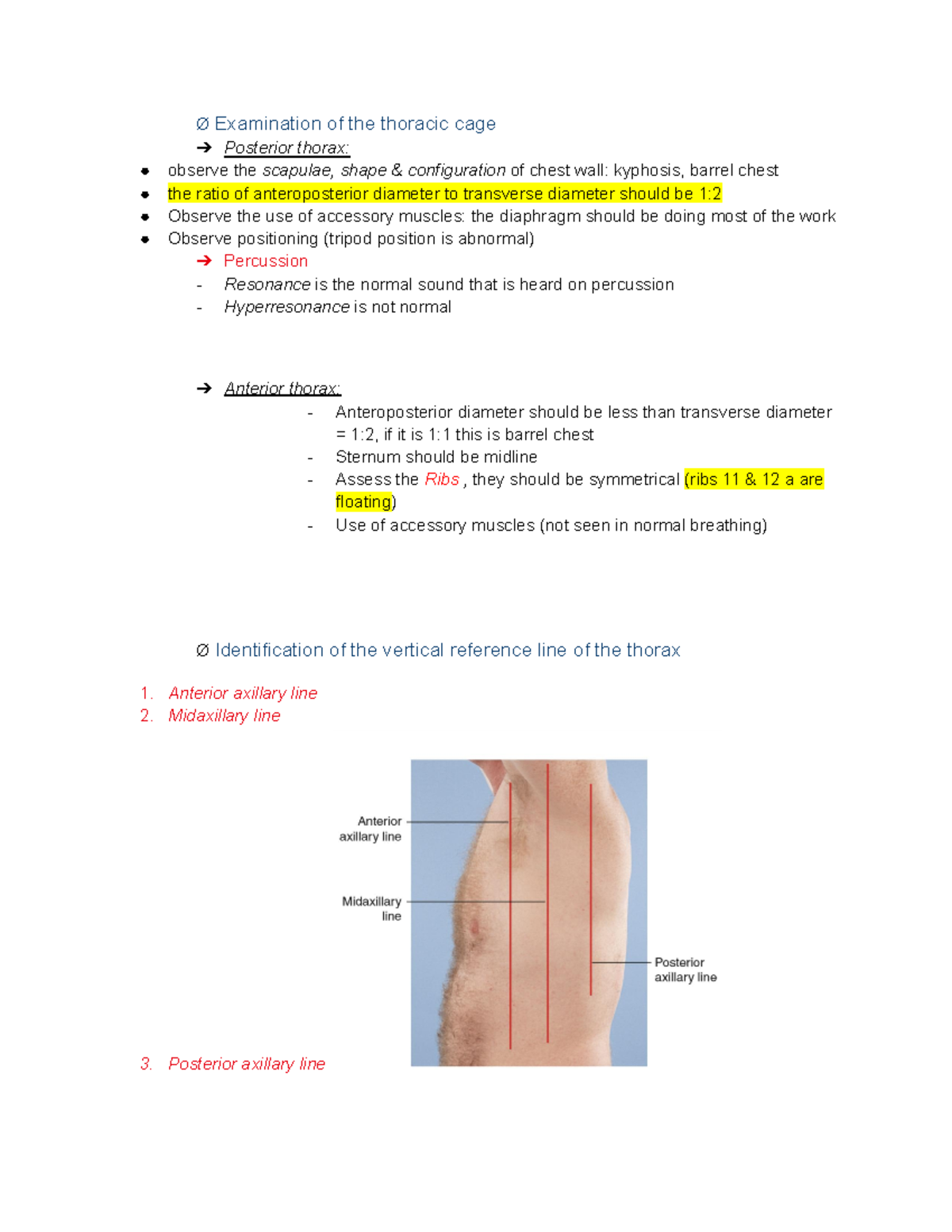Exam 3 - health assessment - Ø Examination of the thoracic cage ...