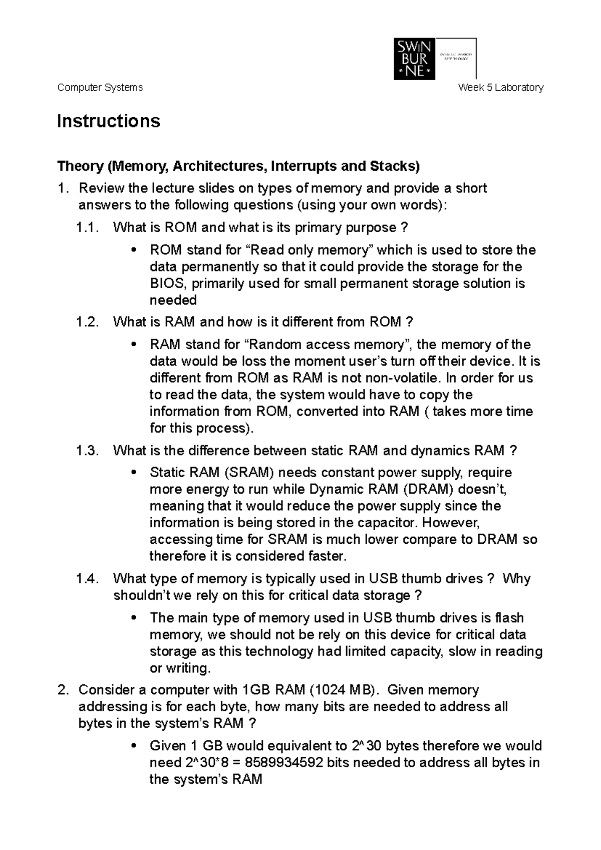Week5 Lab Lab Work Week 5 Computer Systems Week 5 Laboratory Instructions Theory Memory