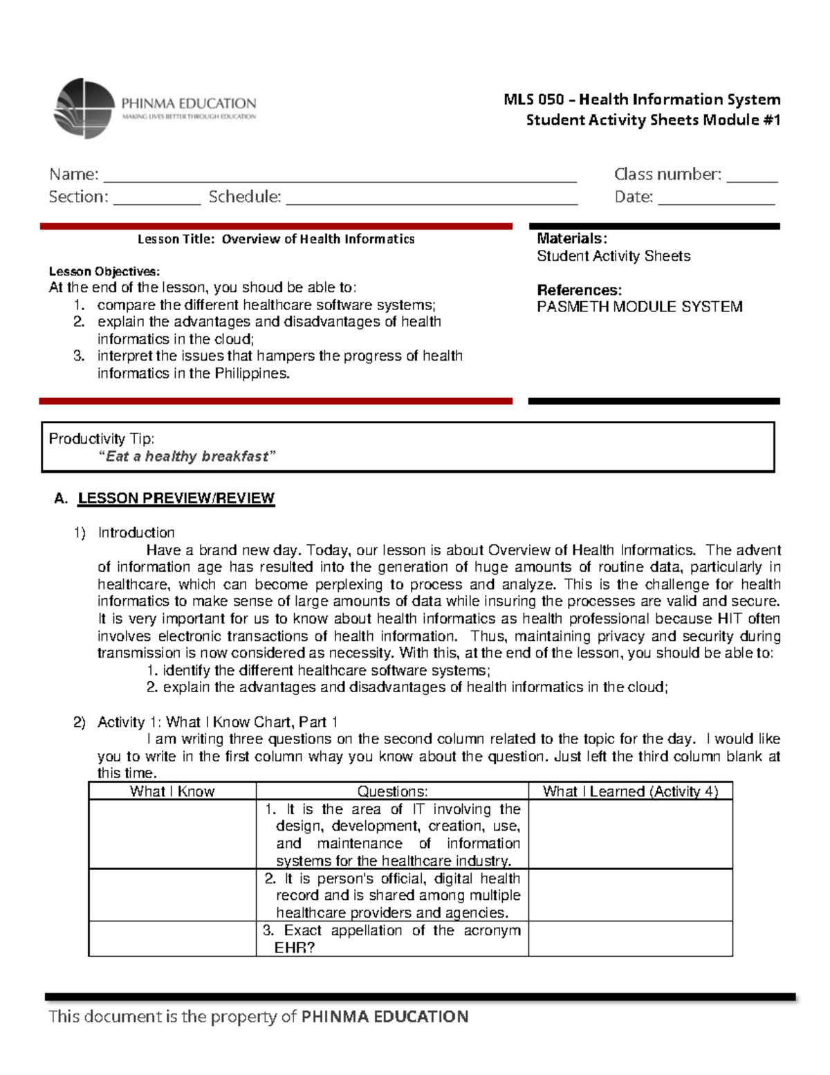 SAS#1-MLS050 - MLS 050 Resources - Student Activity Sheets Module # 1 Name: - Studocu