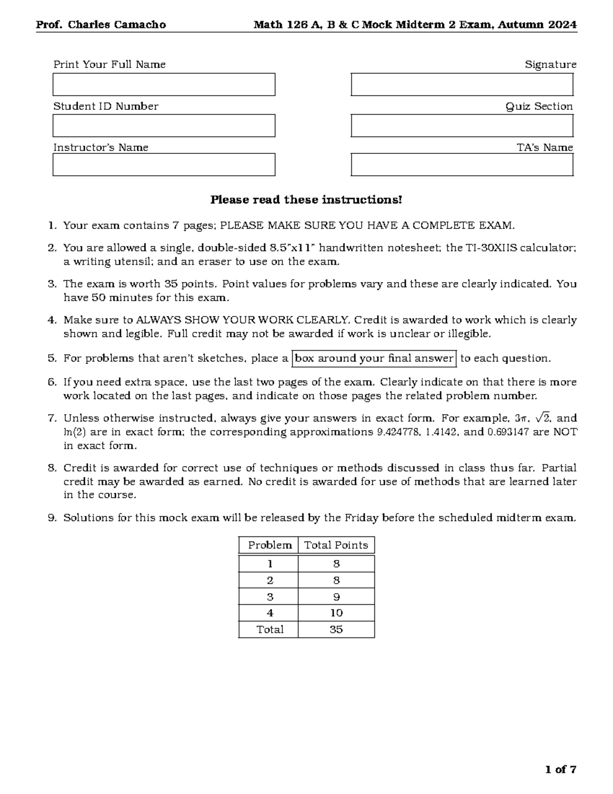 Math 126 A B C Mock Midterm 2 Autumn 2024 - Print Your Full Name ...