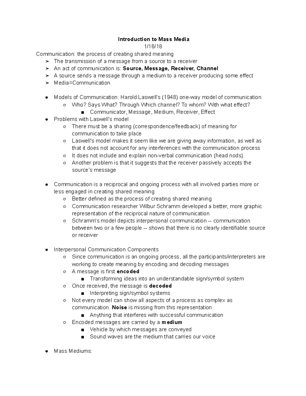 Chapter 1 Lecture Notes - Introduction to Mass Media 1/16/18 ...