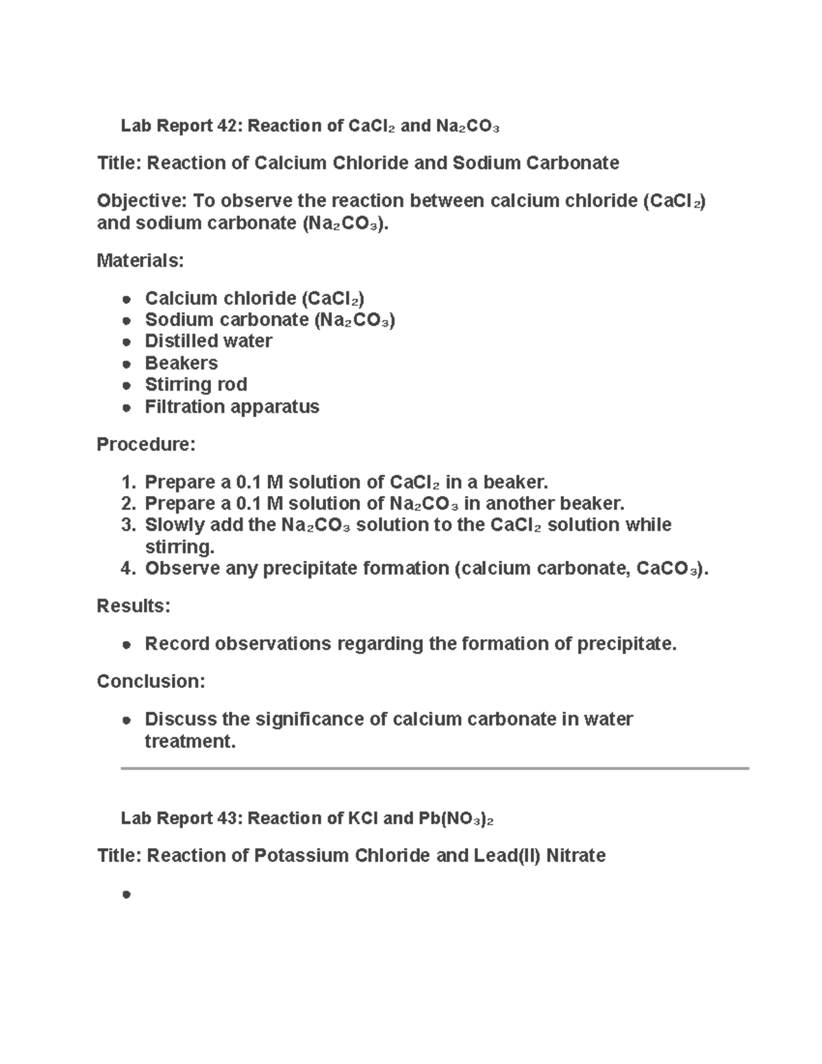 Lab Report - Sample (33) - Lab Report 42: Reaction of CaCl ₂ and Na CO₂ ...