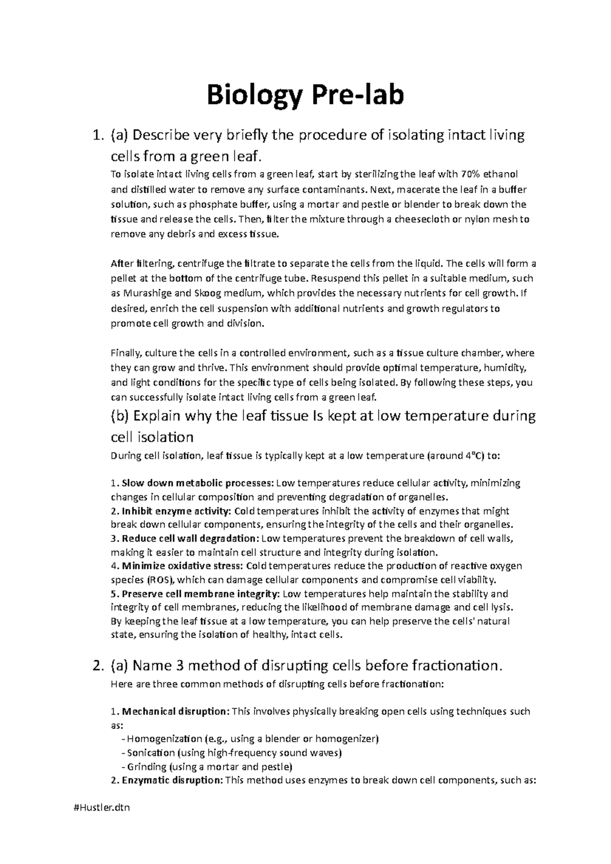 Bio pre lab - Biology laboratory experiment pre-lab - Biology Pre-lab 1. (a) Describe very ...