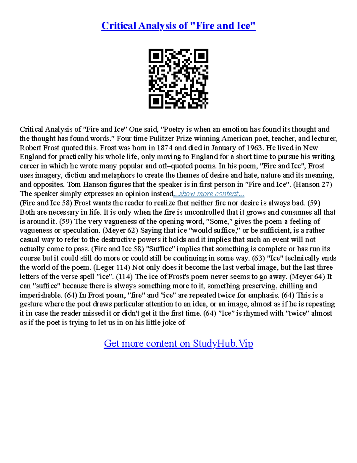 Fire And Ice Essay - Critical Analysis of "Fire and Ice" Critical ...