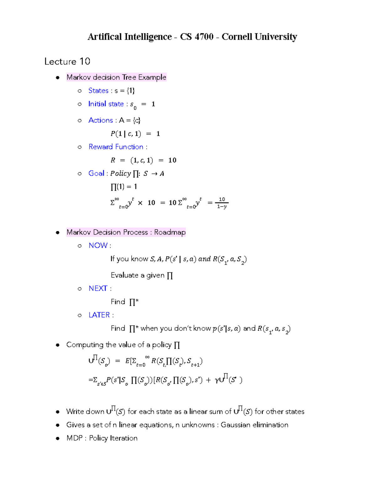 Cornell University - Foundations of Artificial Intelligence - Lecture 10 - Lecture 10 Markov ...