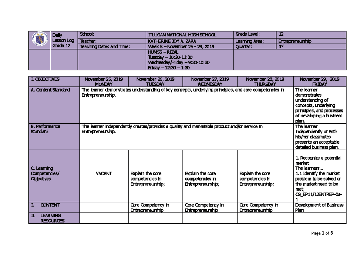 DLL Entrep Week 5 - DLL FOR TEACHERS - Daily Lesson Log Grade 12 School ...