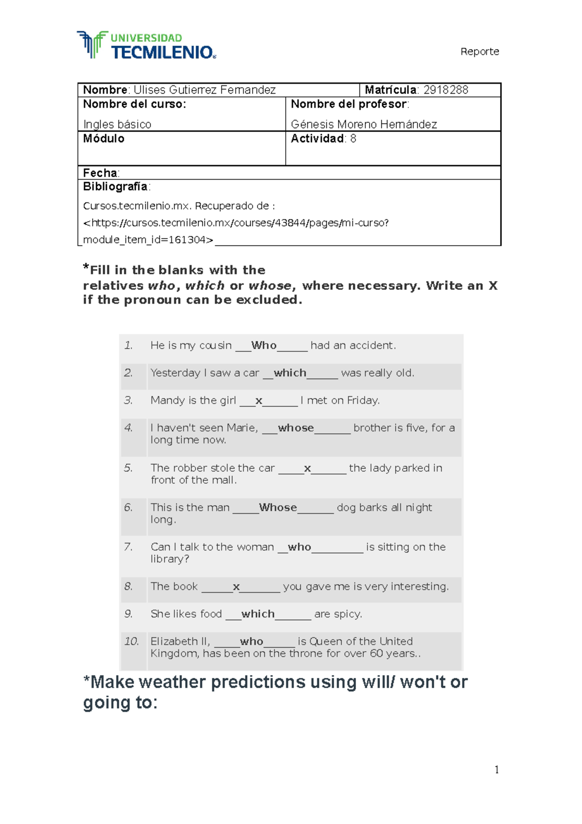 Actv 8 ingles - TRabajo act 8 - ingles basico - TecMilenio - Studocu