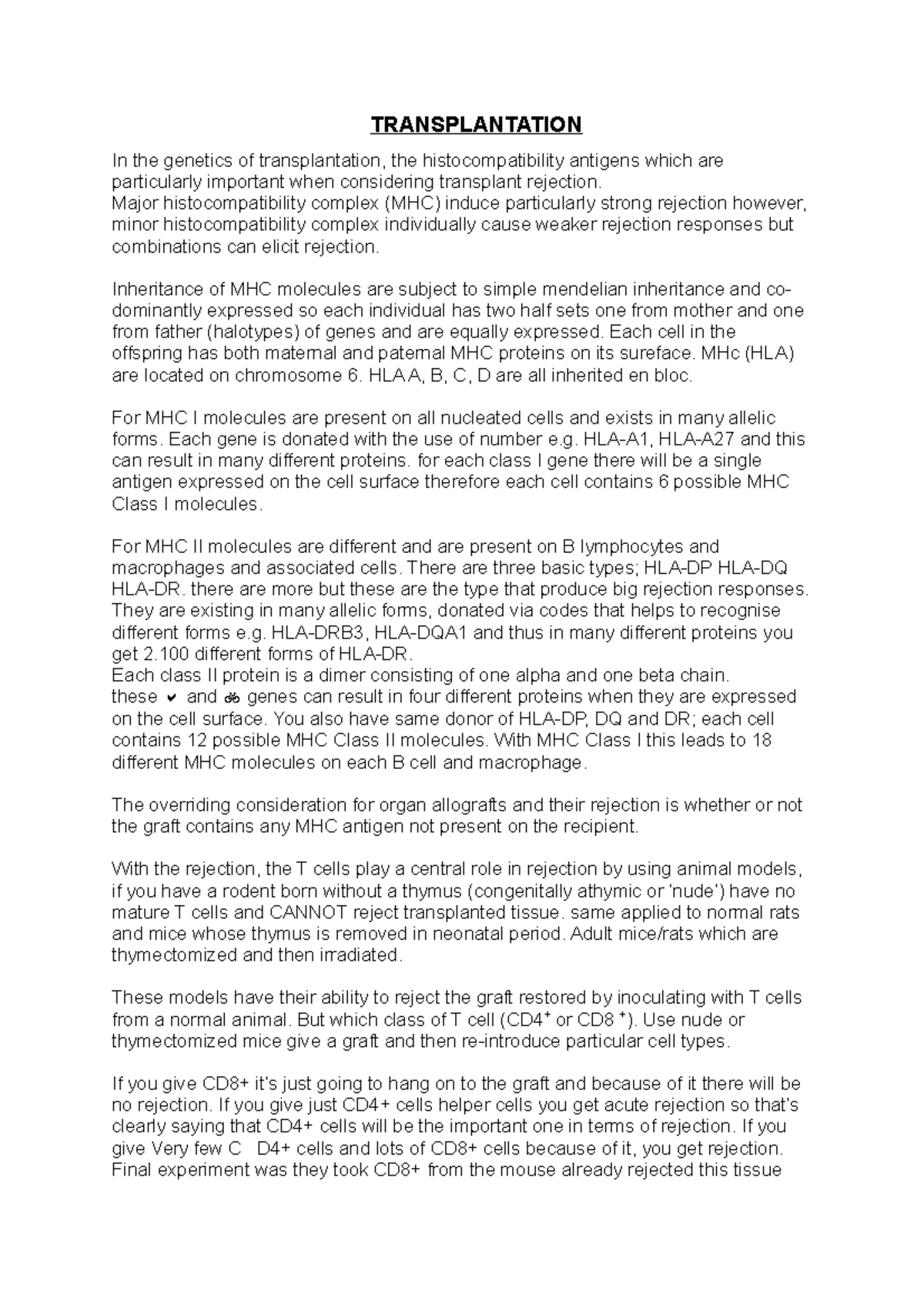 Transplant notes - TRANSPLANTATION In the genetics of transplantation ...