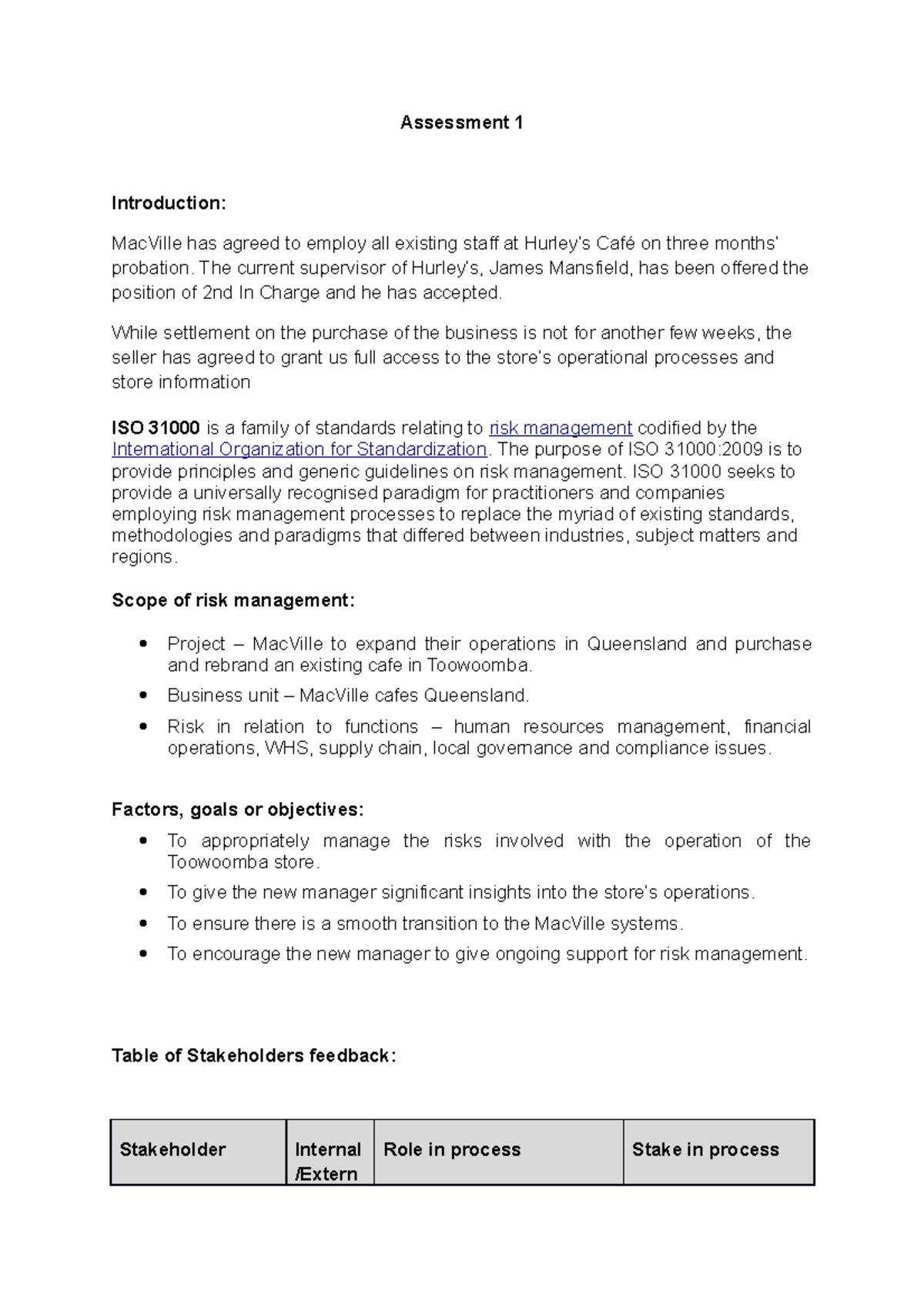 Case study risk management plan - Assessment 1 Introduction: MacVille ...