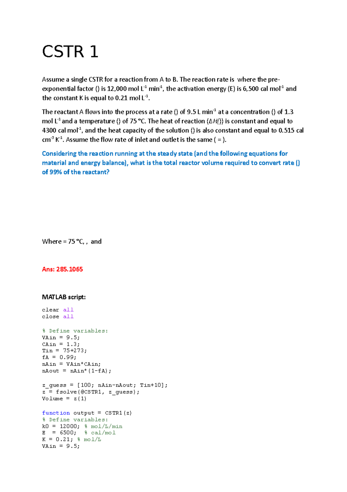 Cstr Matlab Code Cstr 1 Assume A Single Cstr For A Reaction From A To B The Reaction Rate Is 7389