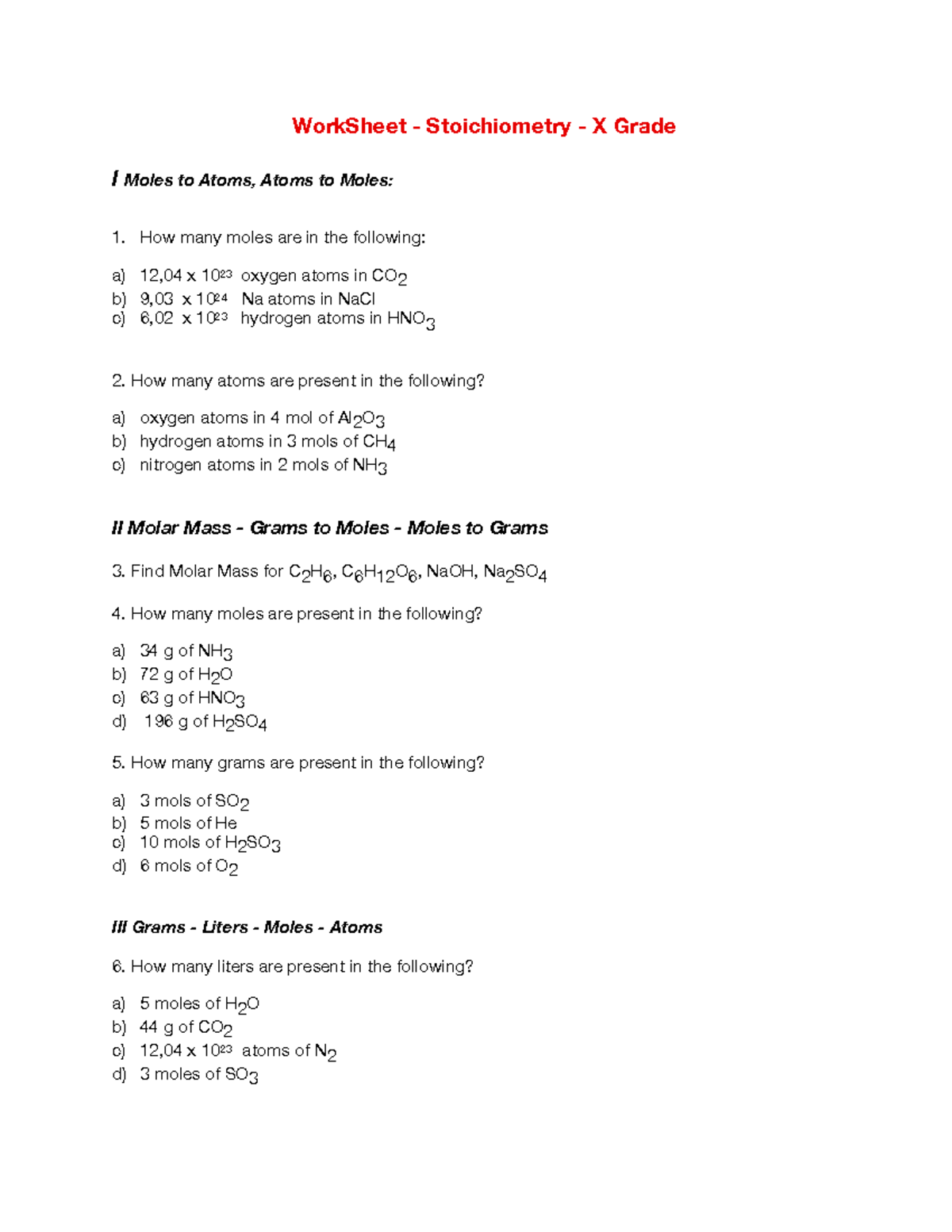 Worksheet X-pdf - chemistry - WorkSheet - Stoichiometry - X Grade I ...