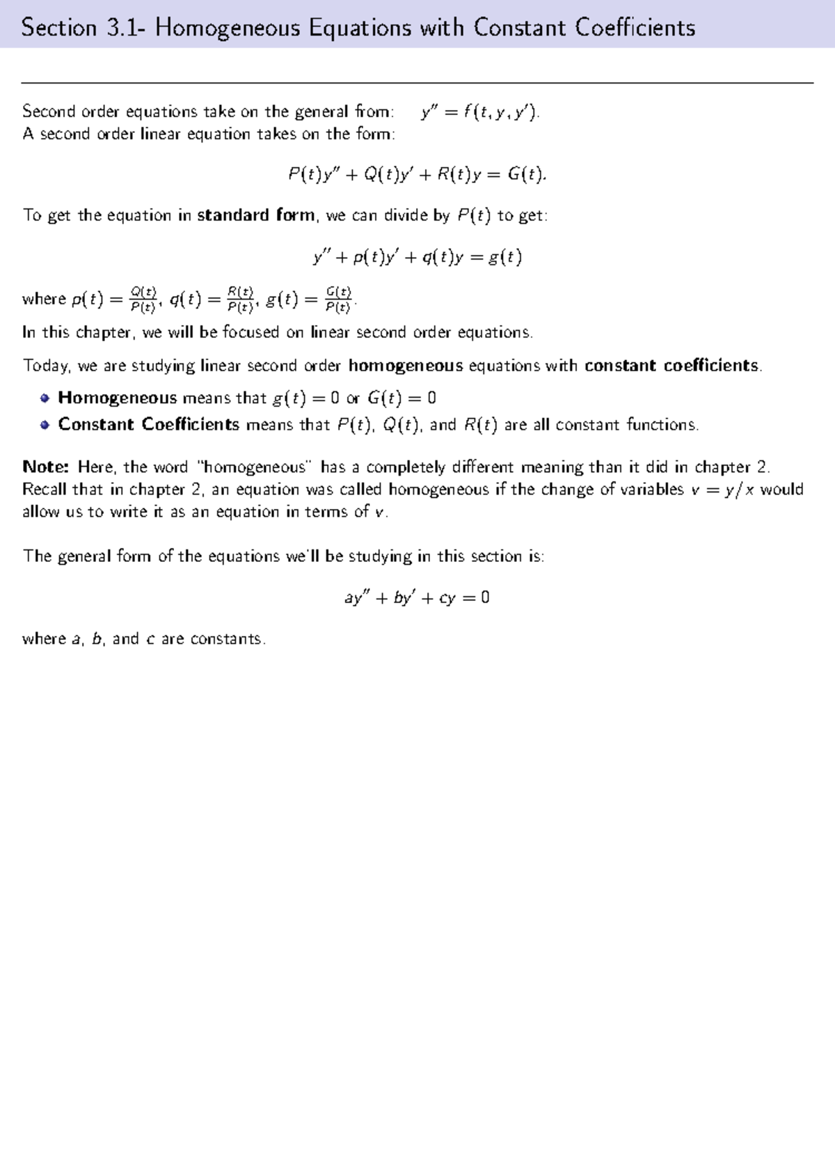 3.1 Homogeneous Equations with Constant Coefficients - Section 3 ...