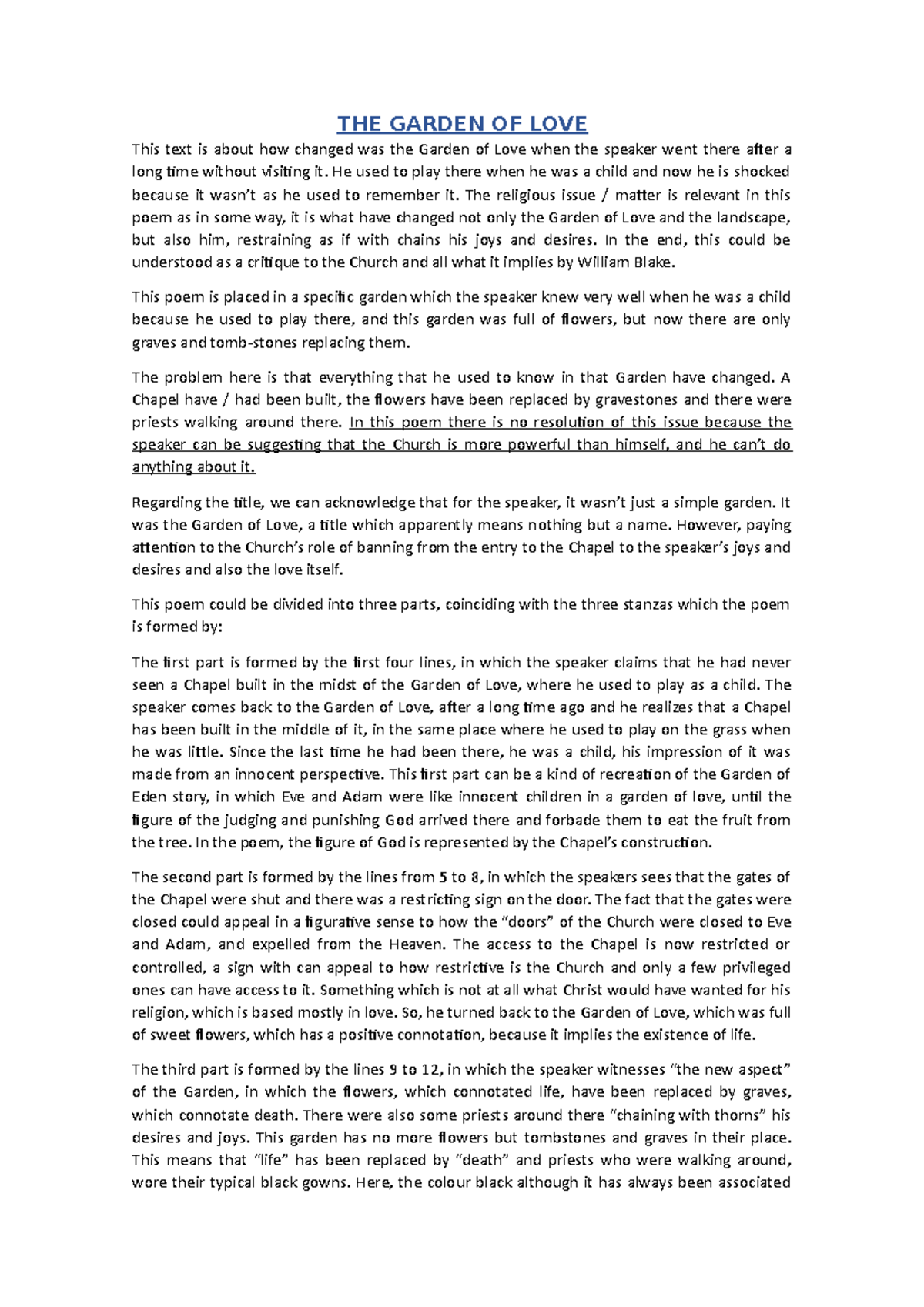 THE Garden OF LOVE - Lecture notes 8 - THE GARDEN OF LOVE This text is ...