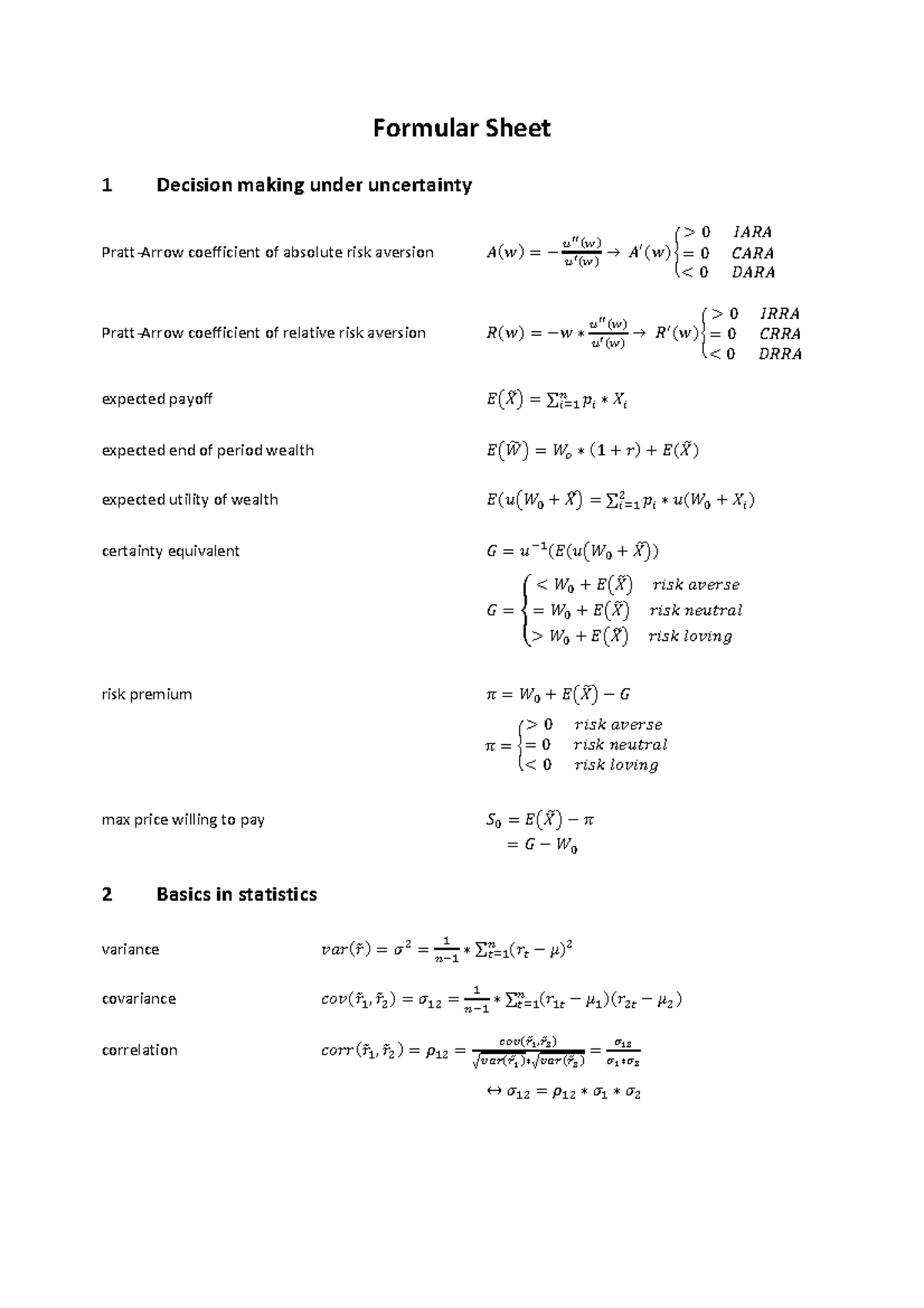 Formular Sheet - Formelsammlung - Formular Sheet 1 Decision making ...