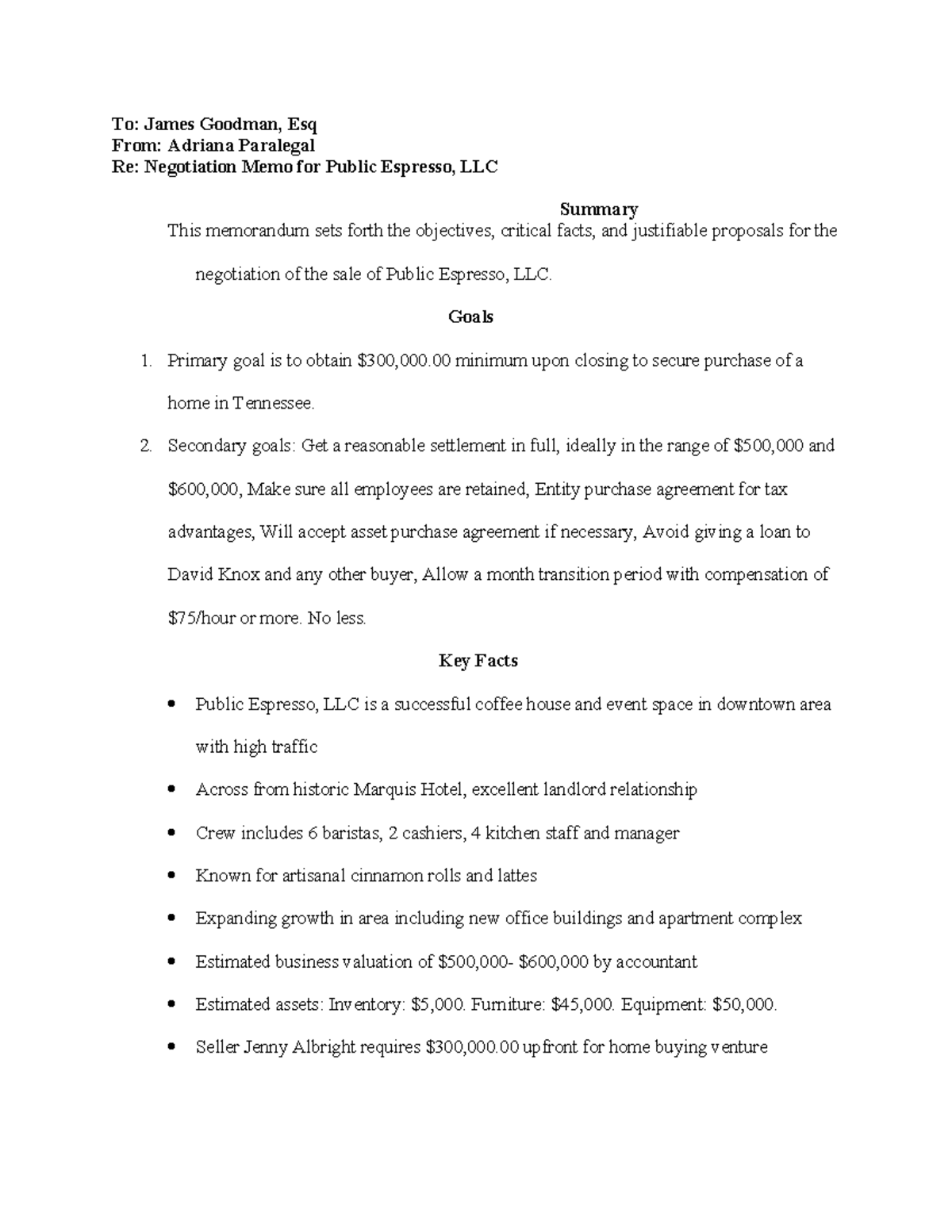 Negotiation Memo - Copy - To: James Goodman, Esq From: Adriana ...