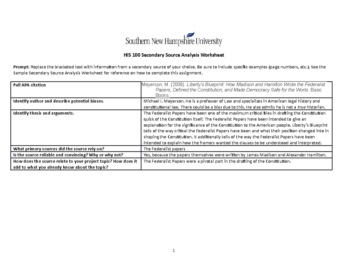 HIS 100 Secondary Source Analysis Worksheet - HIS 100 Secondary Source ...