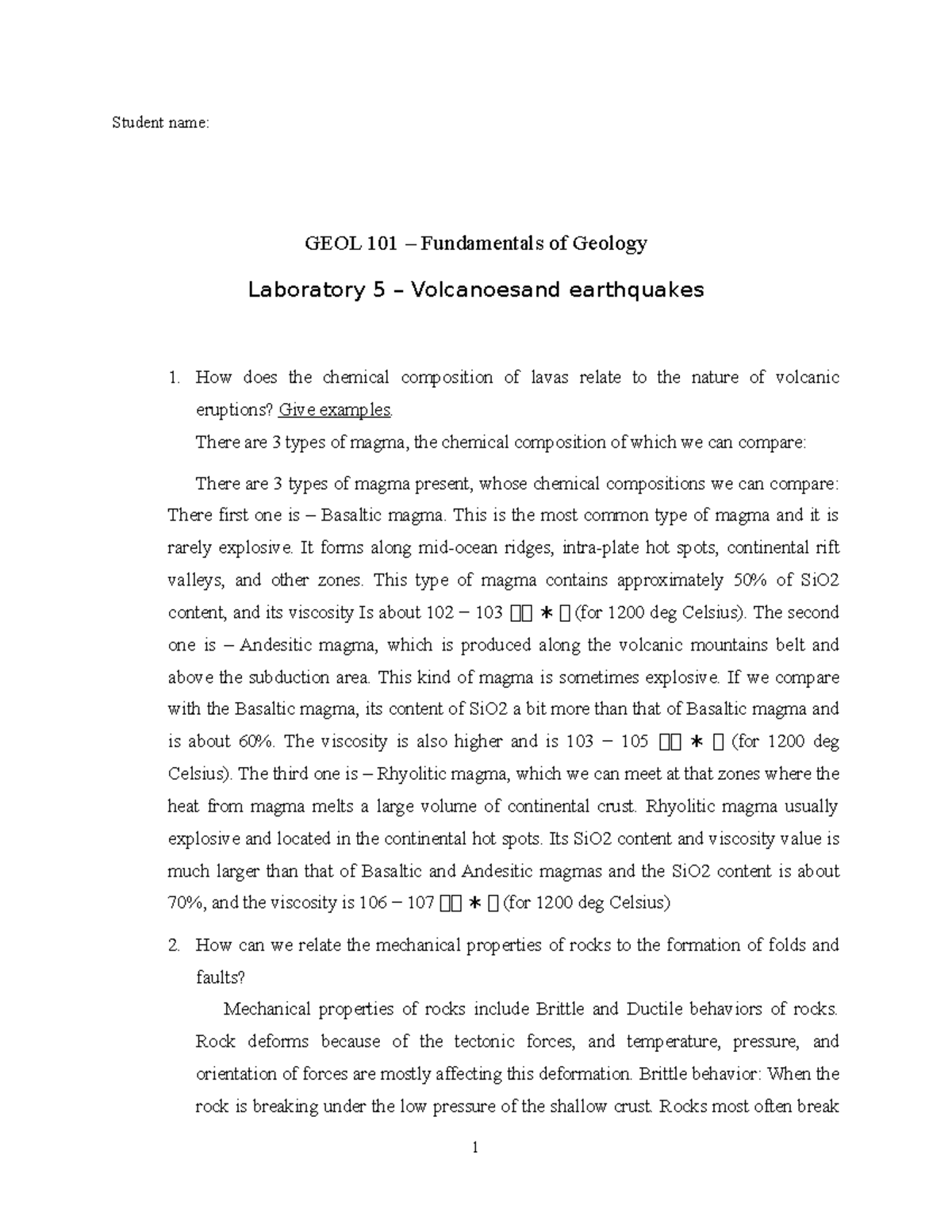 GEOL 101 Laboratory 5 - lab - Student name: GEOL 101 – Fundamentals of Geology Laboratory 5 ...
