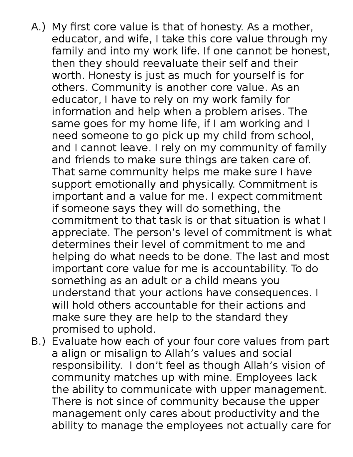 Chm 1 task 2 - none - A.) My first core value is that of honesty. As a ...