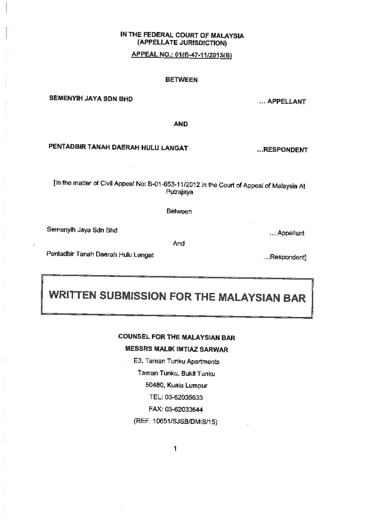 Malaysian Bar Submission (Semenyih Jaya) - Constitutional Law I - Studocu