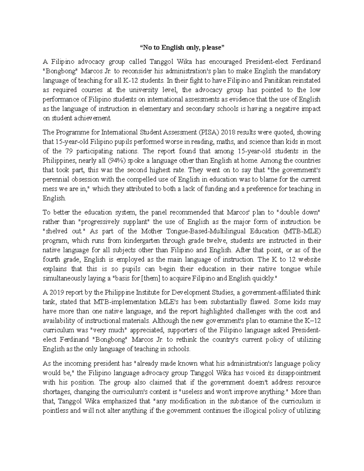 Position Paper emma - asdefx - “No to English only, please” A Filipino ...