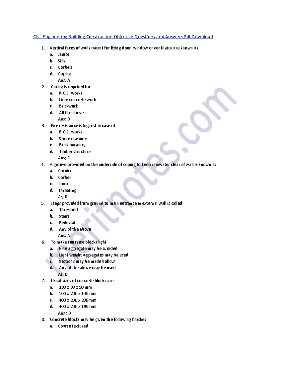 Civil engineering building construction objective type questions ...
