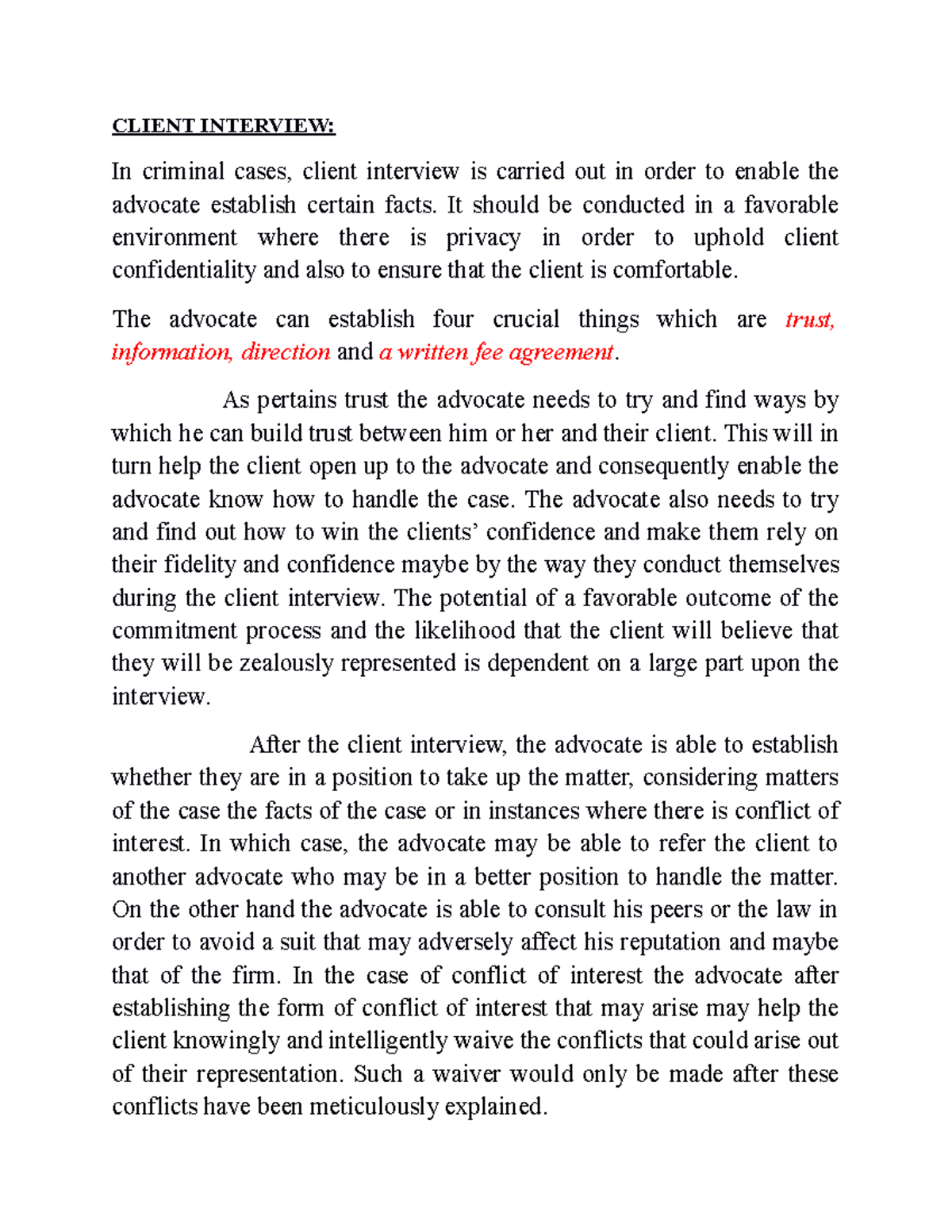 Client Interview - CLIENT INTERVIEW: In criminal cases, client ...