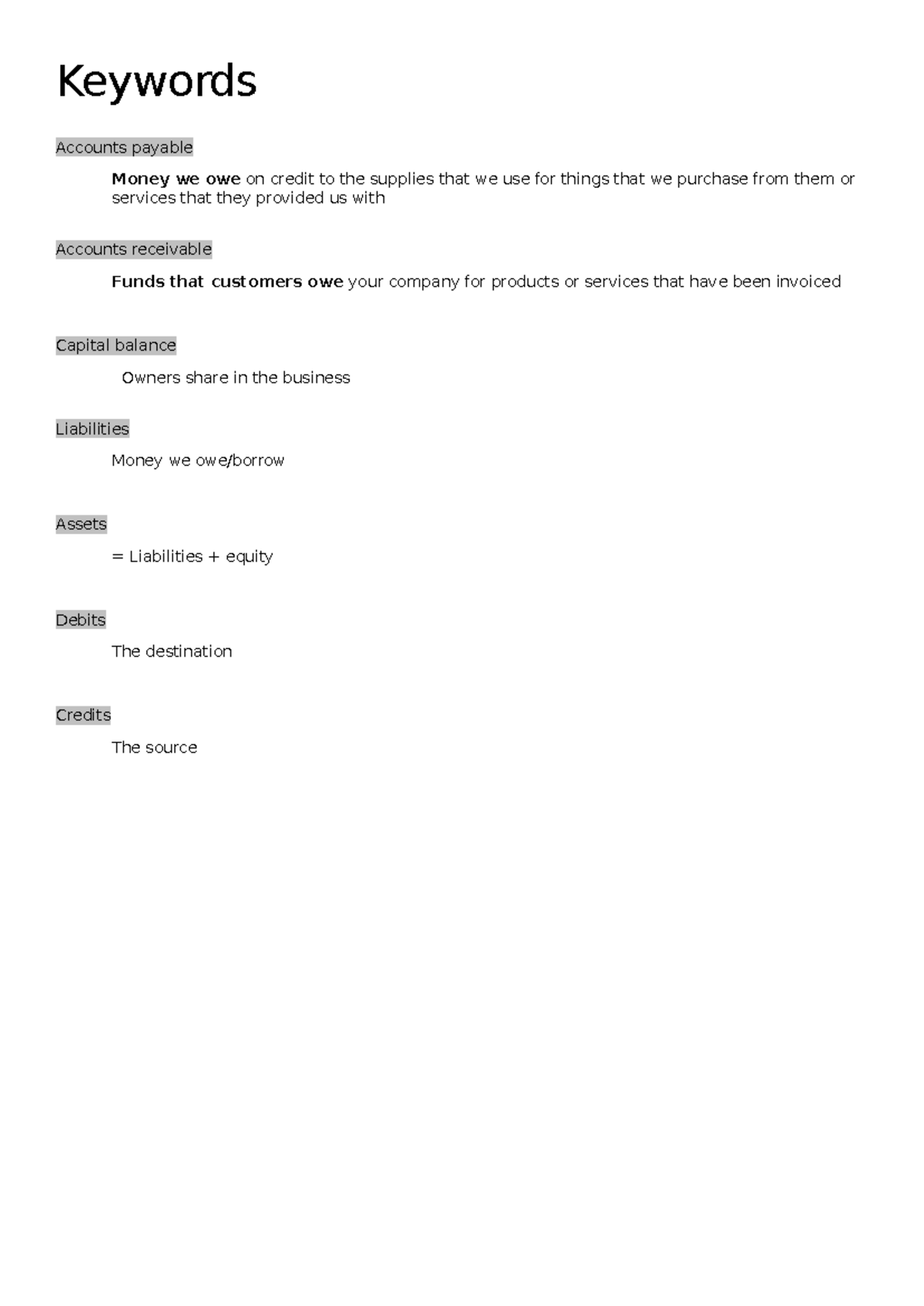 Basic Keywords - ACCT 1008 - Keywords Accounts payable Money we owe on ...