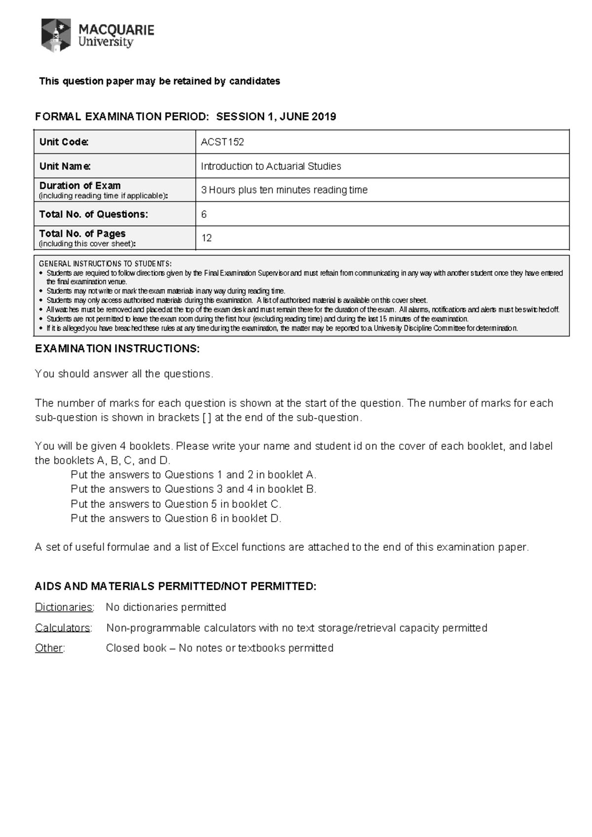 2019 Exam with formula sheet - This question paper may be retained by ...