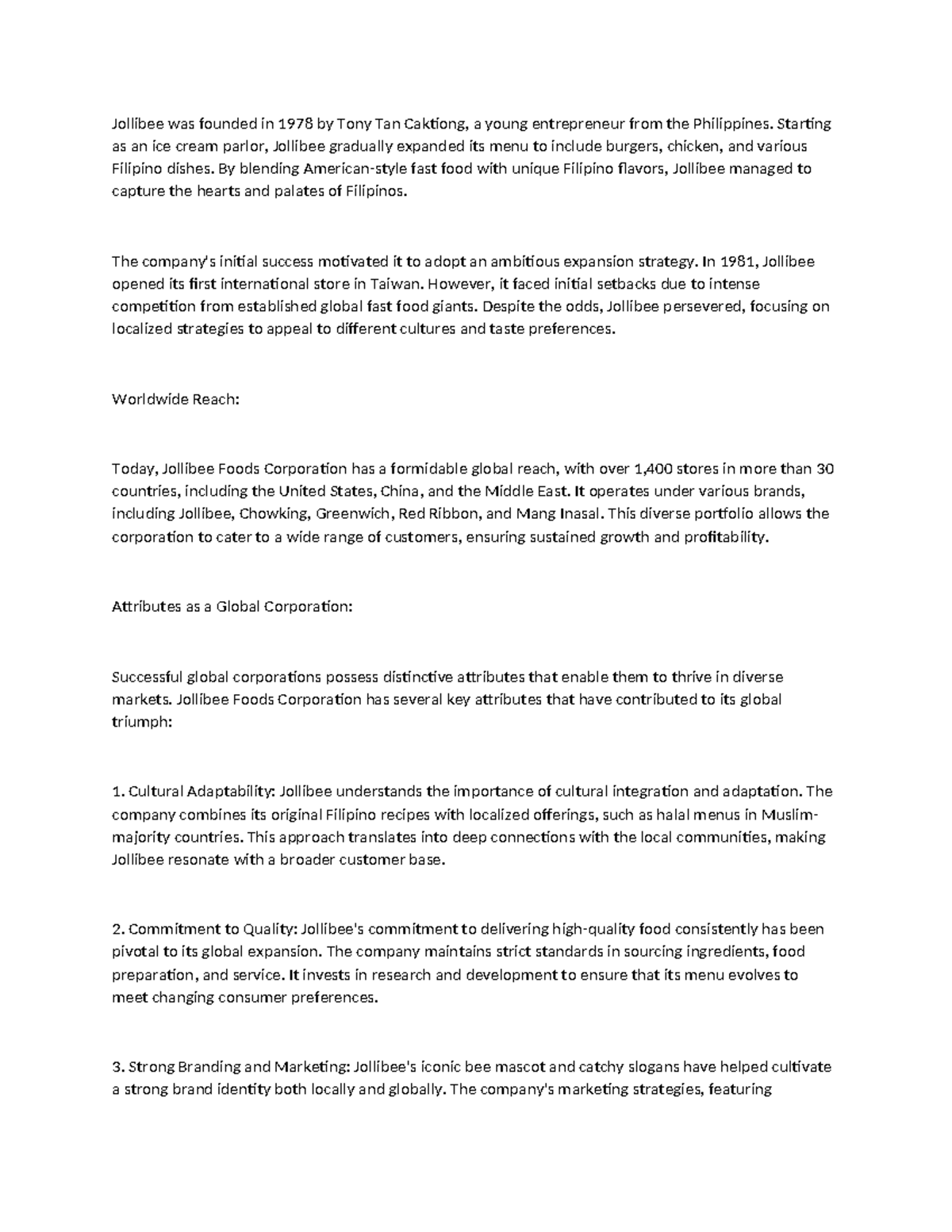 Jollibee - notes - Jollibee was founded in 1978 by Tony Tan Caktiong, a ...