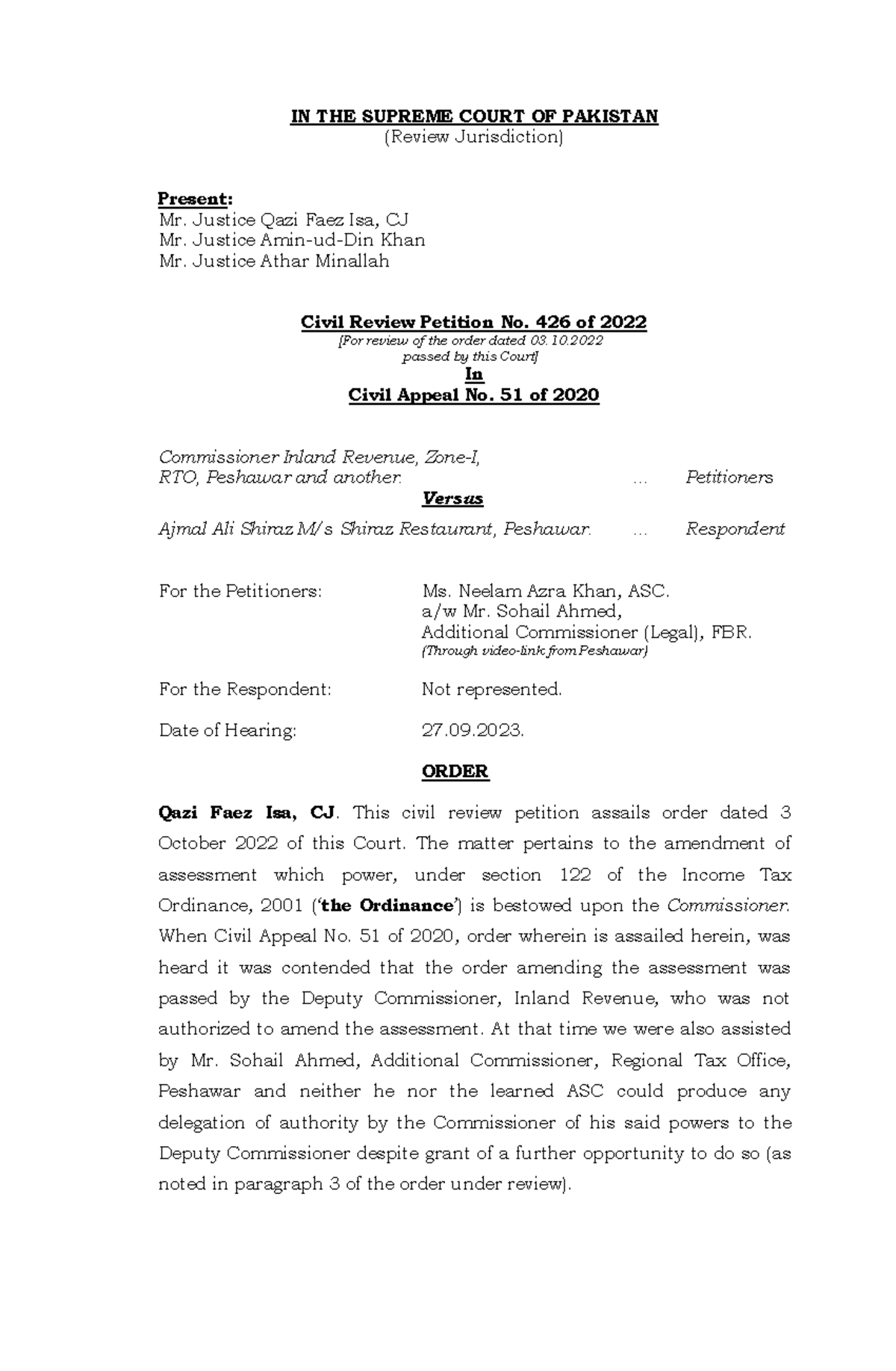 SCP - Commissioner powers under Section 122 - IN THE SUPREME COURT OF ...