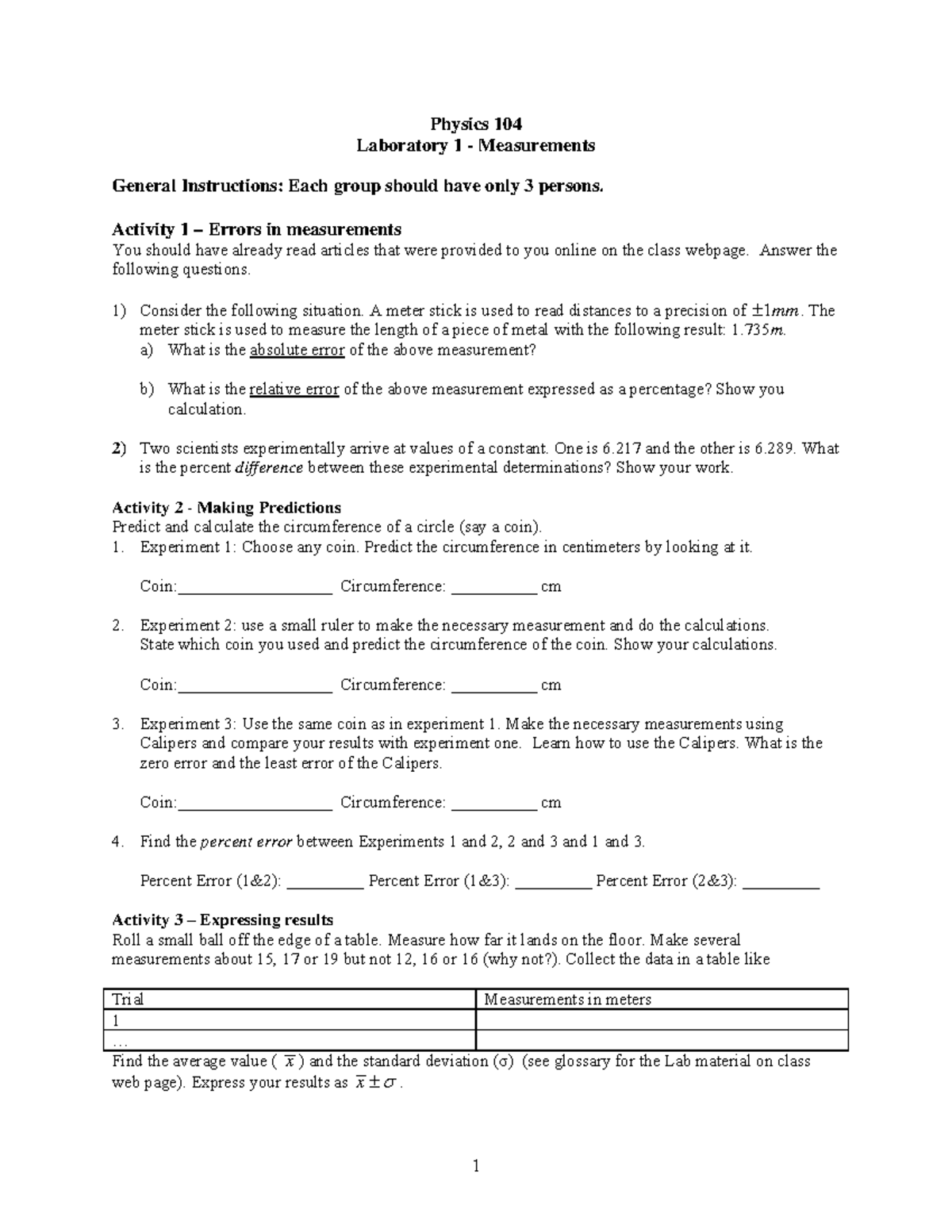 L1- Measurements - This is enough for you - 1 Physics 104 Laboratory 1 ...