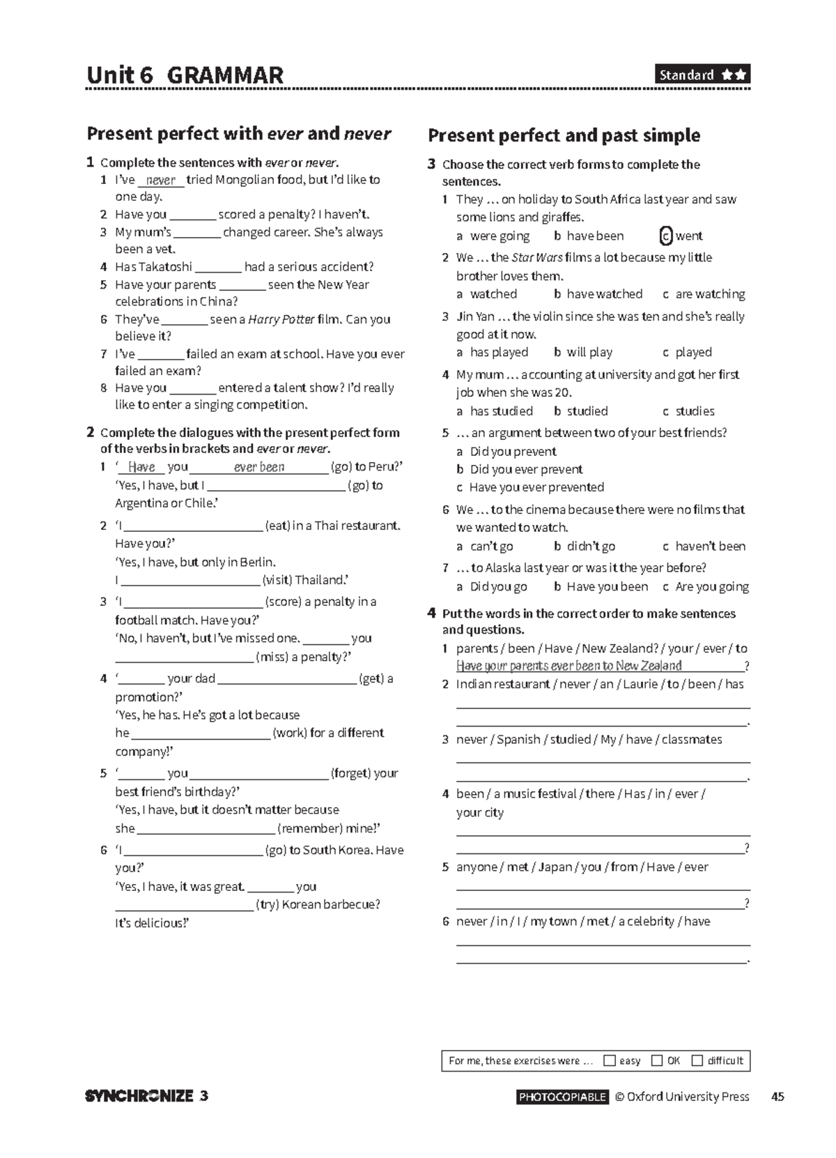Synchronize 3 TRB worksheets Unit 6 standard grammar - 3 PHOTOCOPIABLE ...