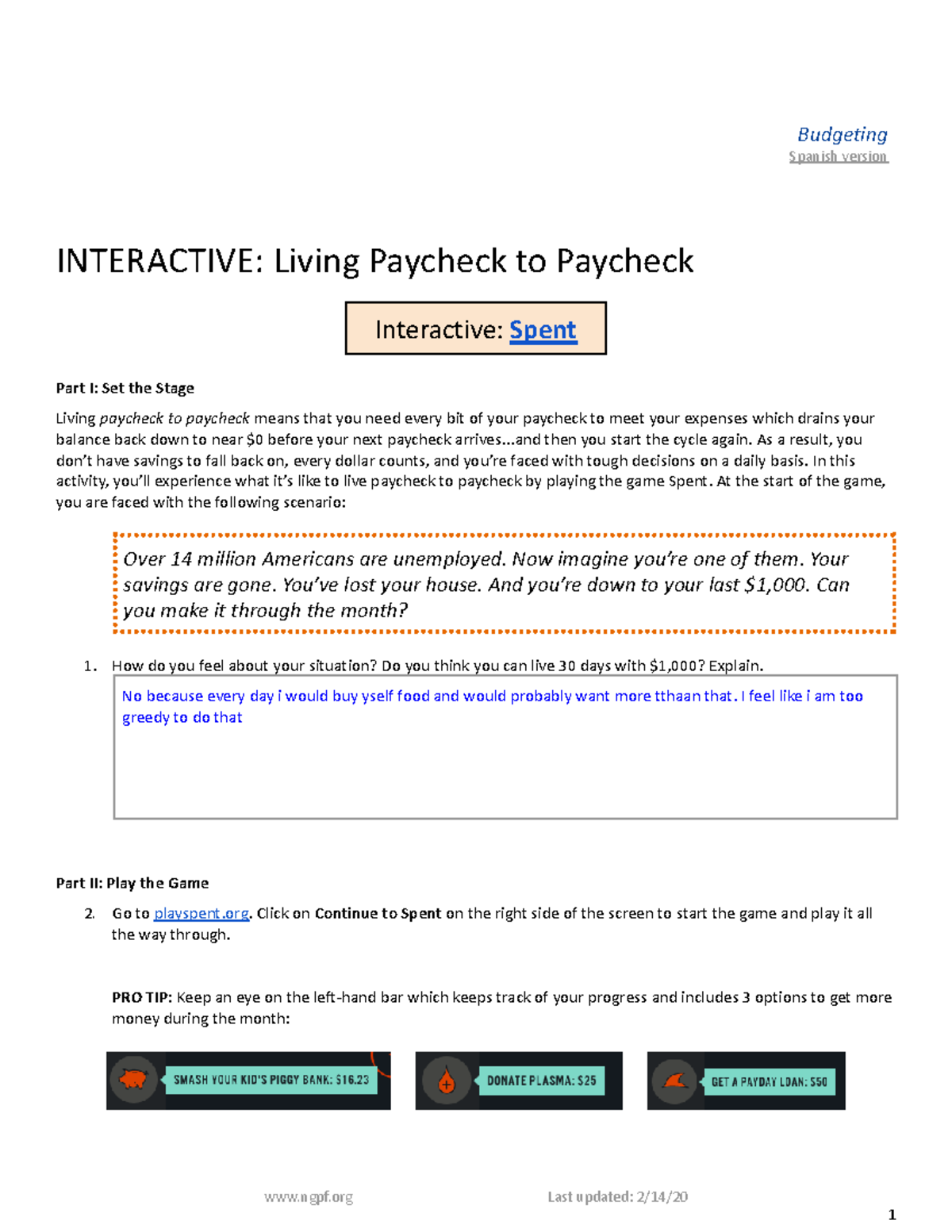 - Interactive Living Paycheck to Paycheck - Budgeting Spanish version ...