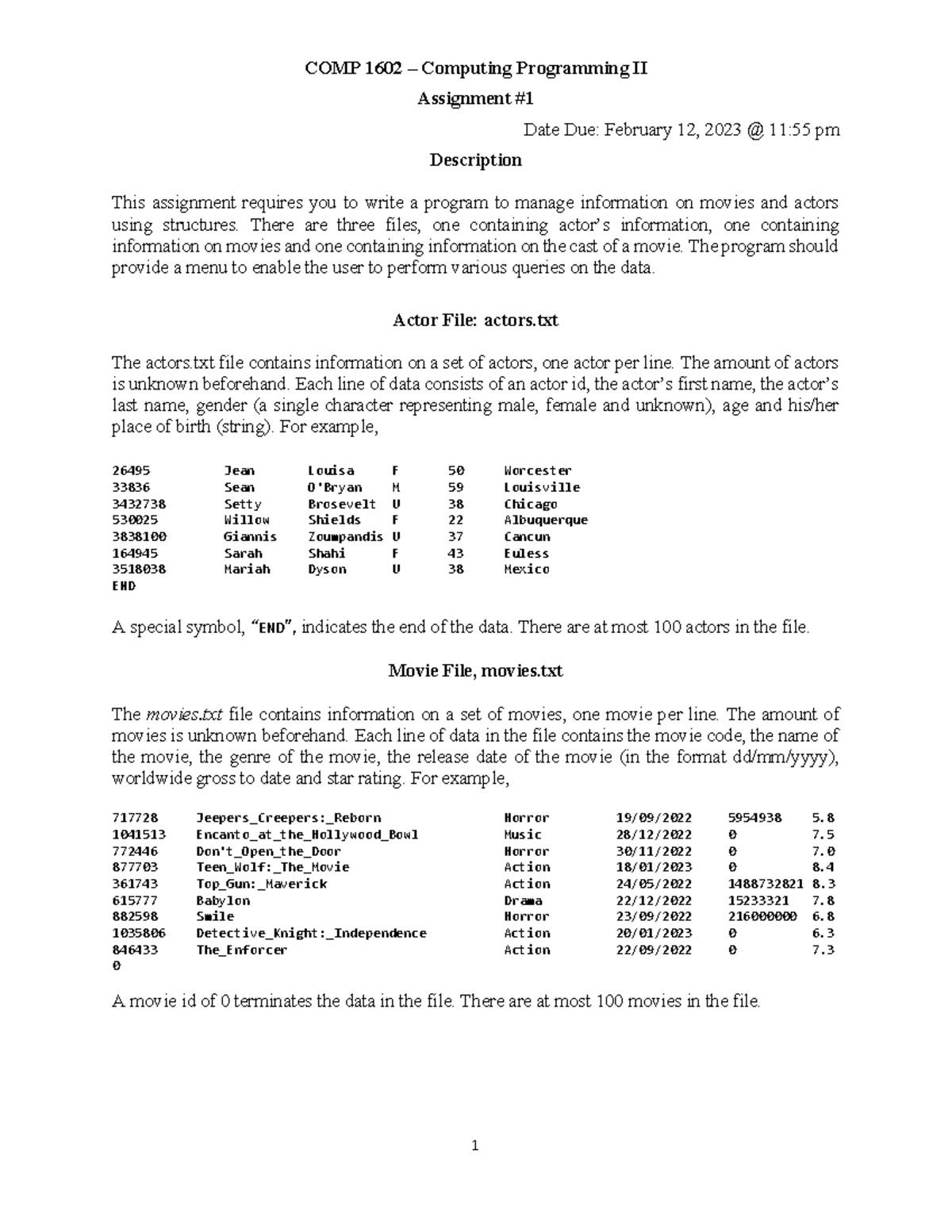 Assignment #1 - Assignement 1 - COMP 1602 – Computing Programming II Assignment Date Due ...