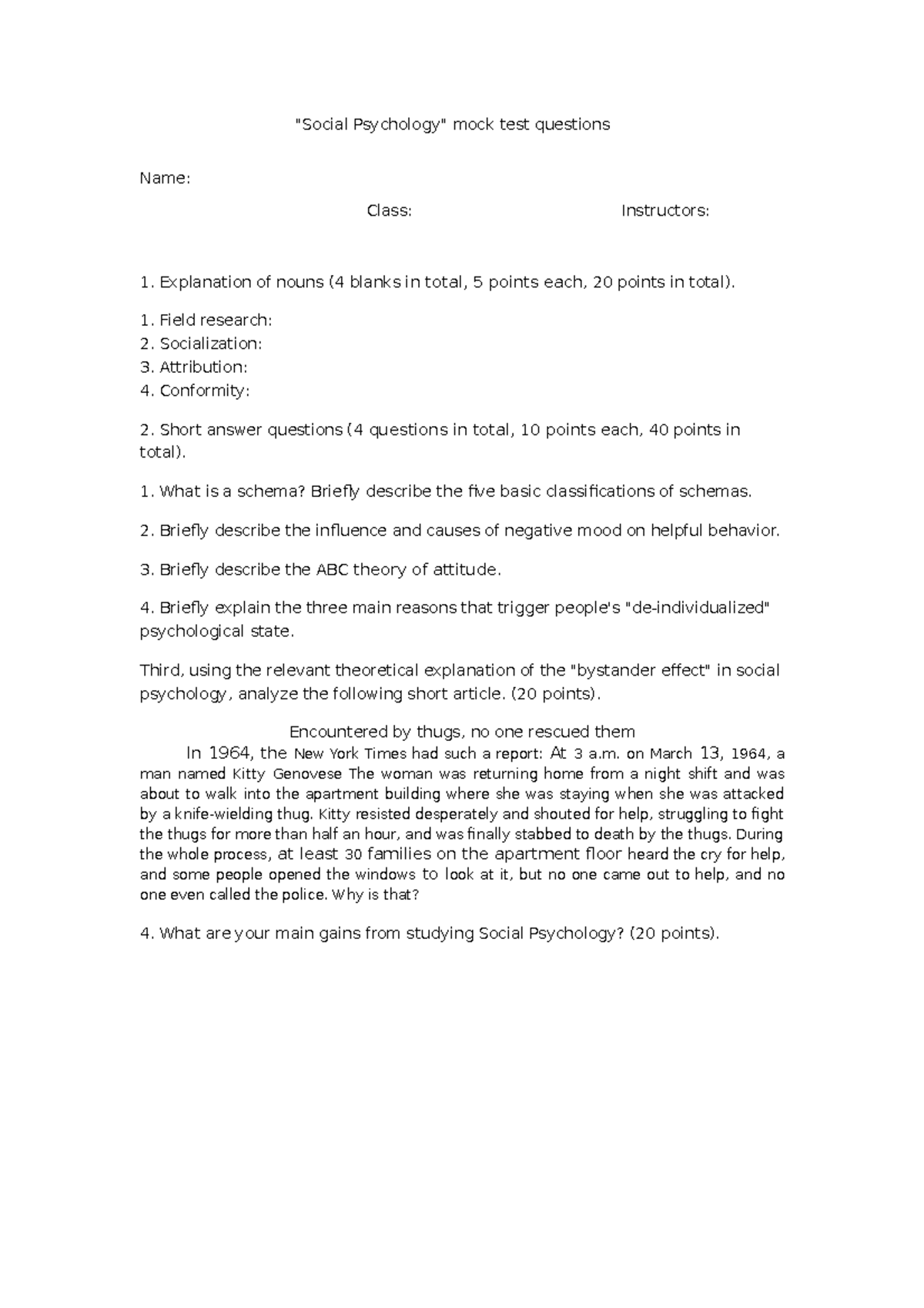 "Social Psychology" mock test questions - "Social Psychology" mock test ...
