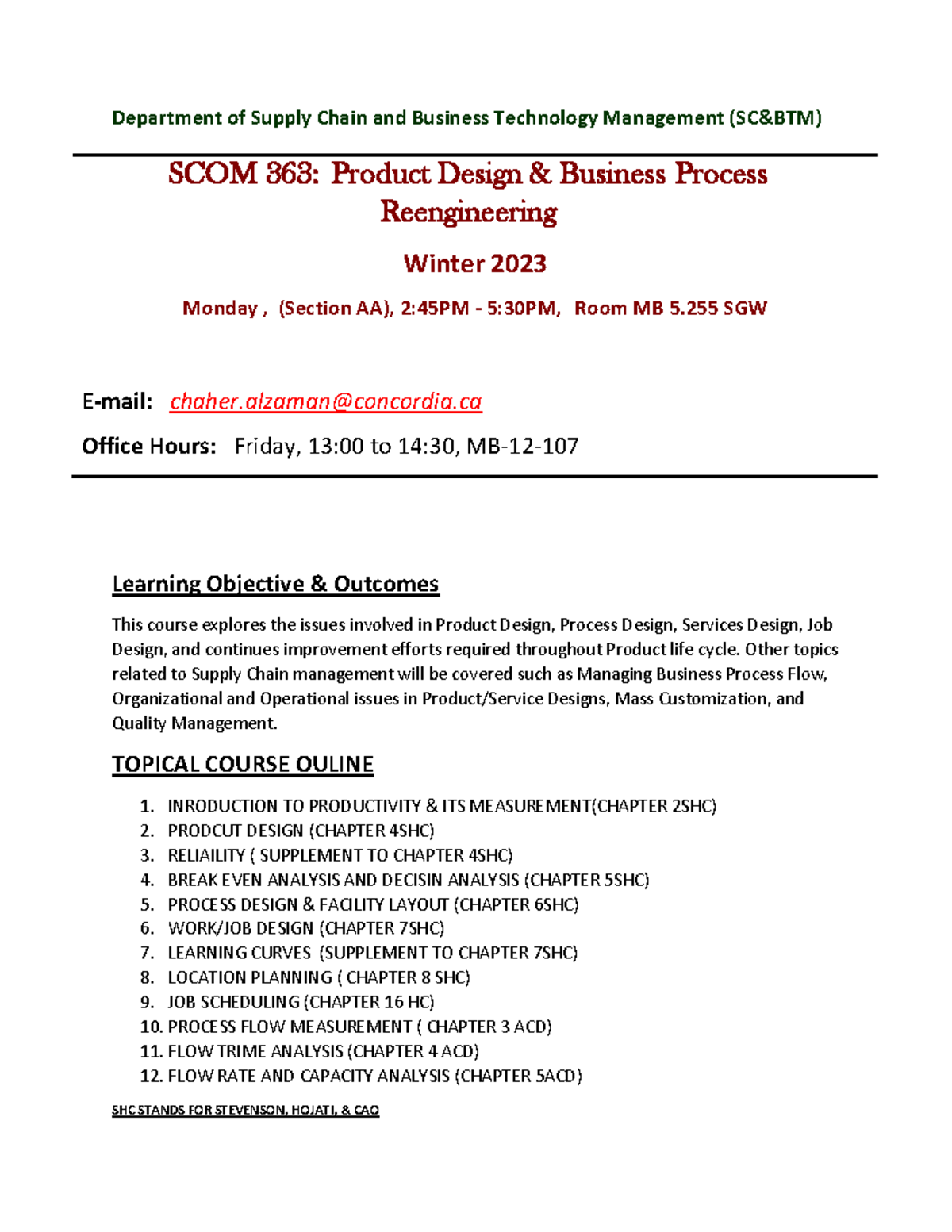 2023 Winter SCOM 363 Mon AA Course Outline - Department of Supply Chain and Business Technology ...
